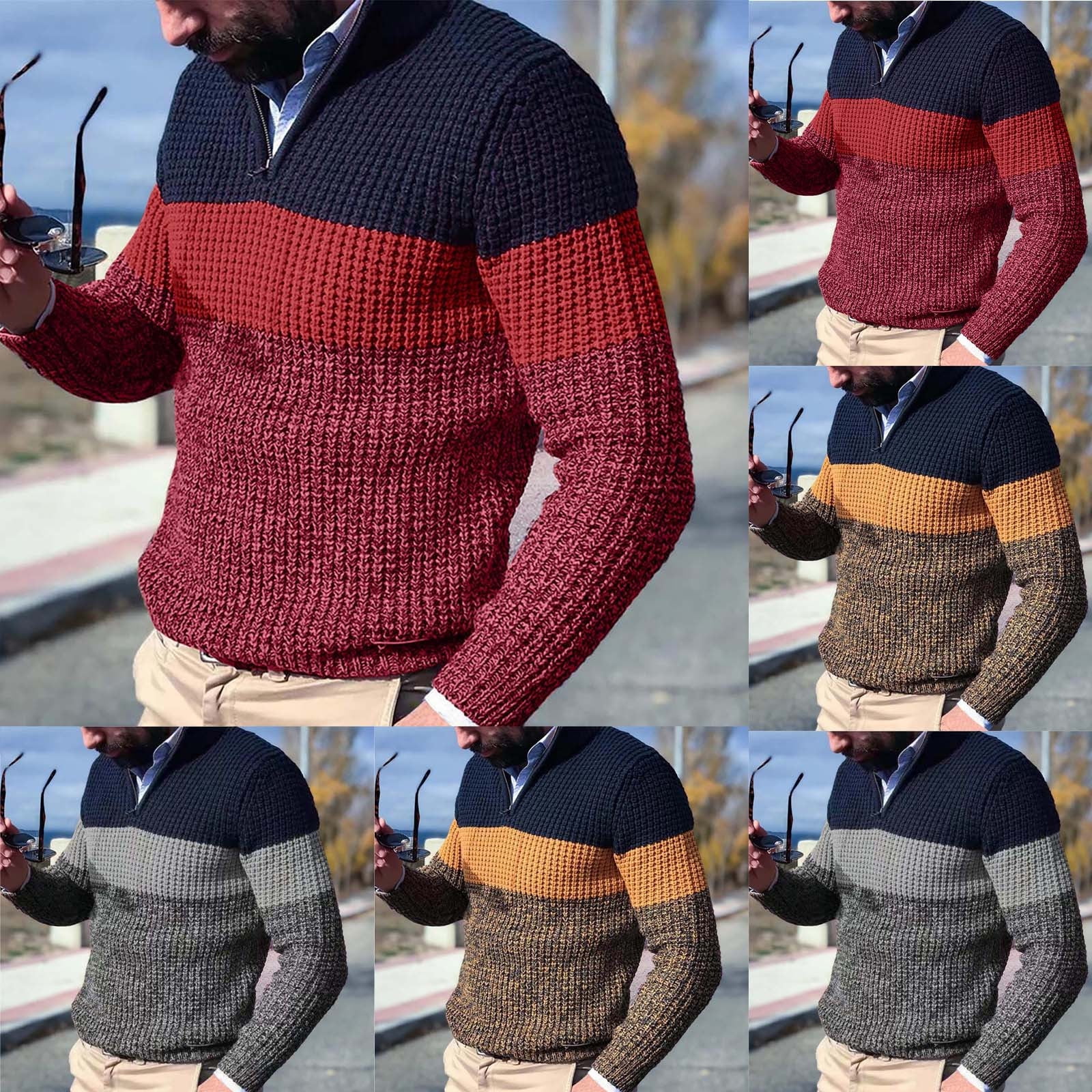 hlysgo Mens Cable Knit Quarter Zip Pullover Business Casual Color Block ...