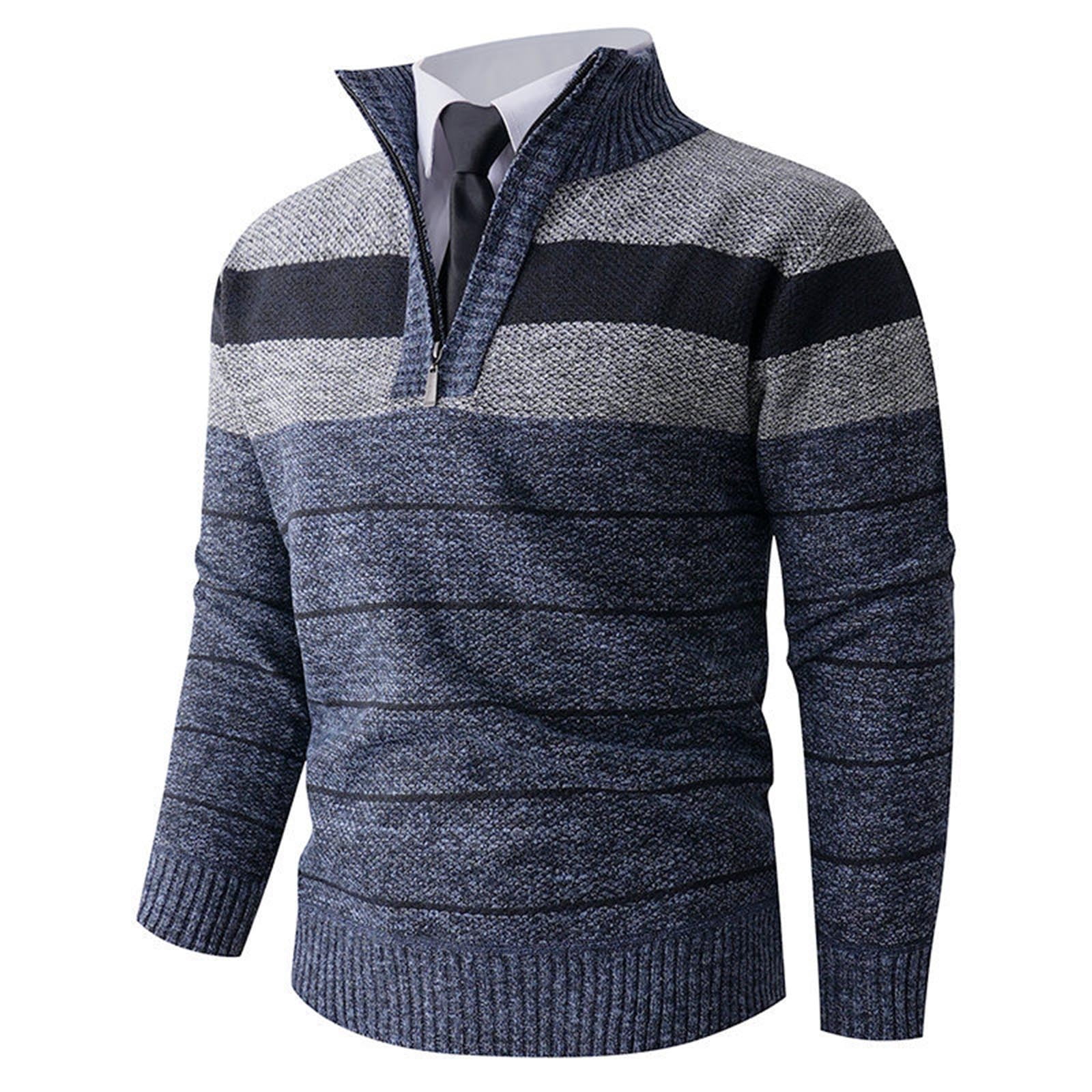hlysgo Mens Quarter Zip Sweater Trendy Striped Color Block Long Sleeve ...