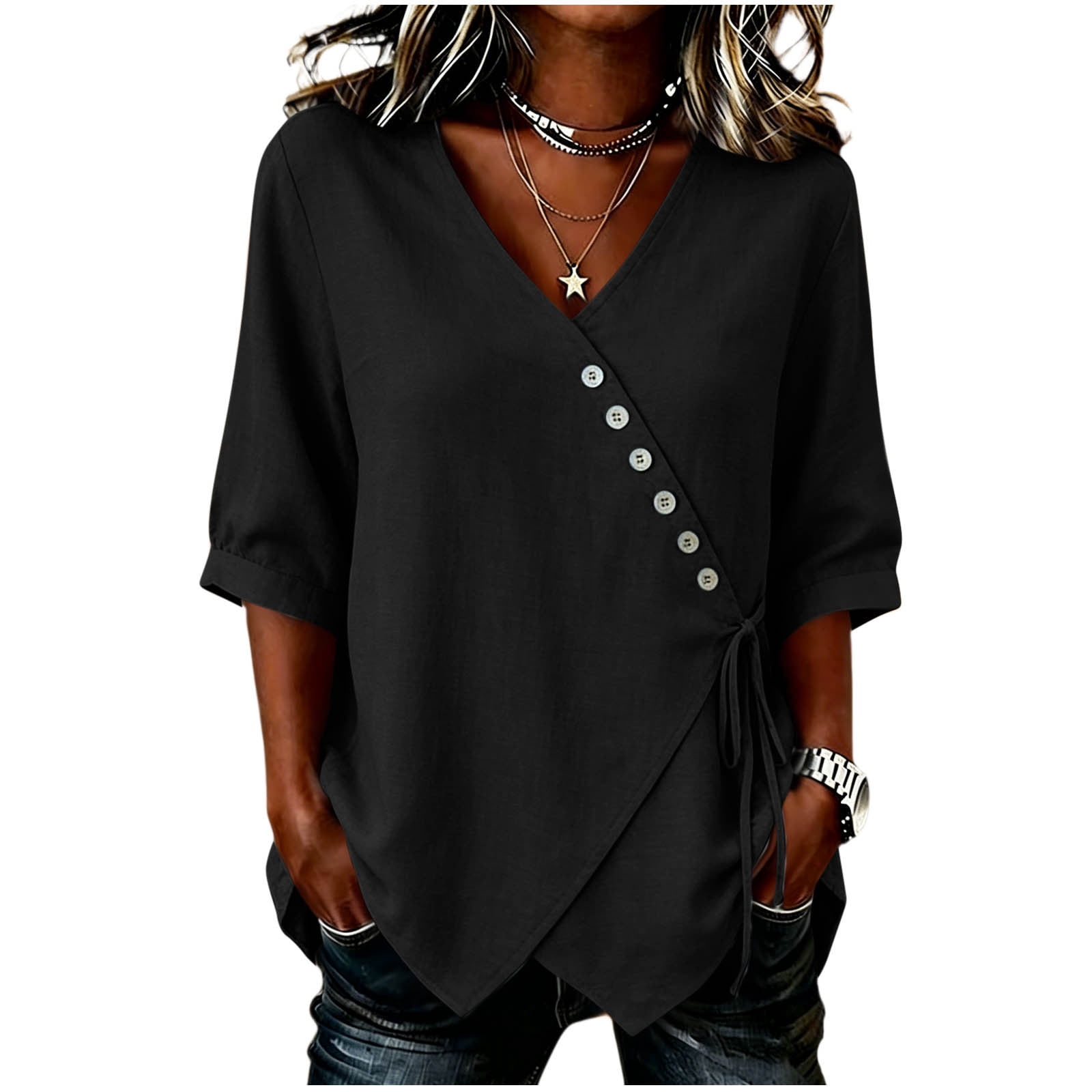 hlysgo Women's Asymmetrical Button Tops Side Tie Cinched Waist Cross ...