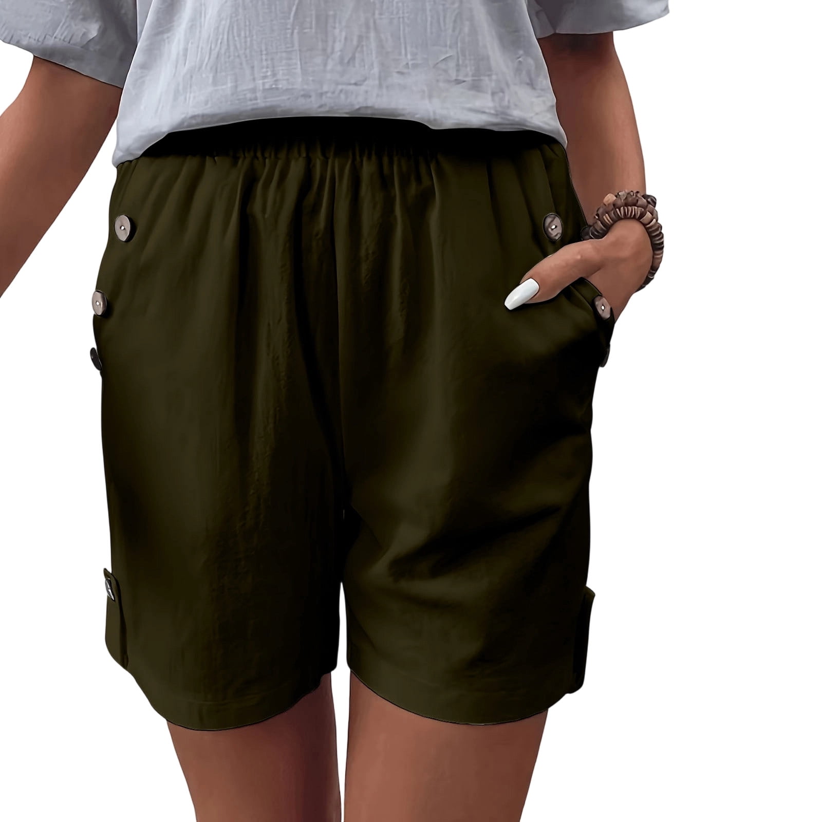 hlysgo Women's Elastic Waist Short Button Pocket Side High Waist Knee ...