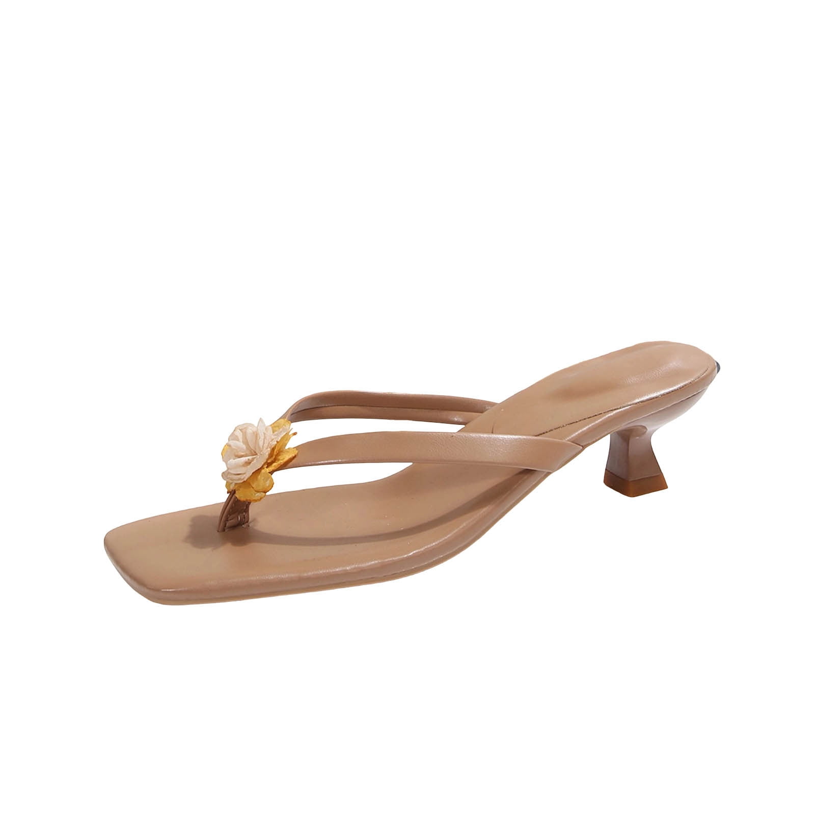 hlysgo Women's Faux Leather Square Toe Kitten Heel Thong Sandals Flower ...