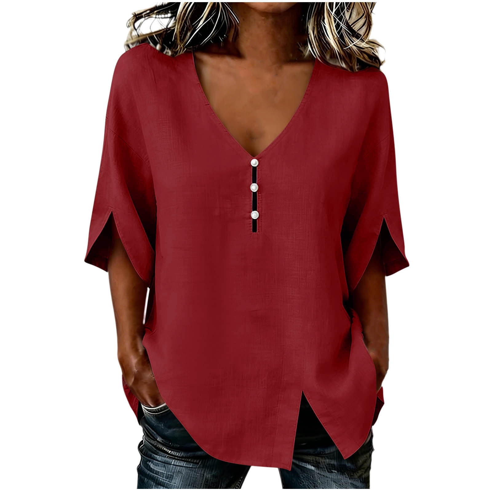 hlysgo Women's Split Batwing Sleeve Tops Linen Button V Neck Asymmetric ...