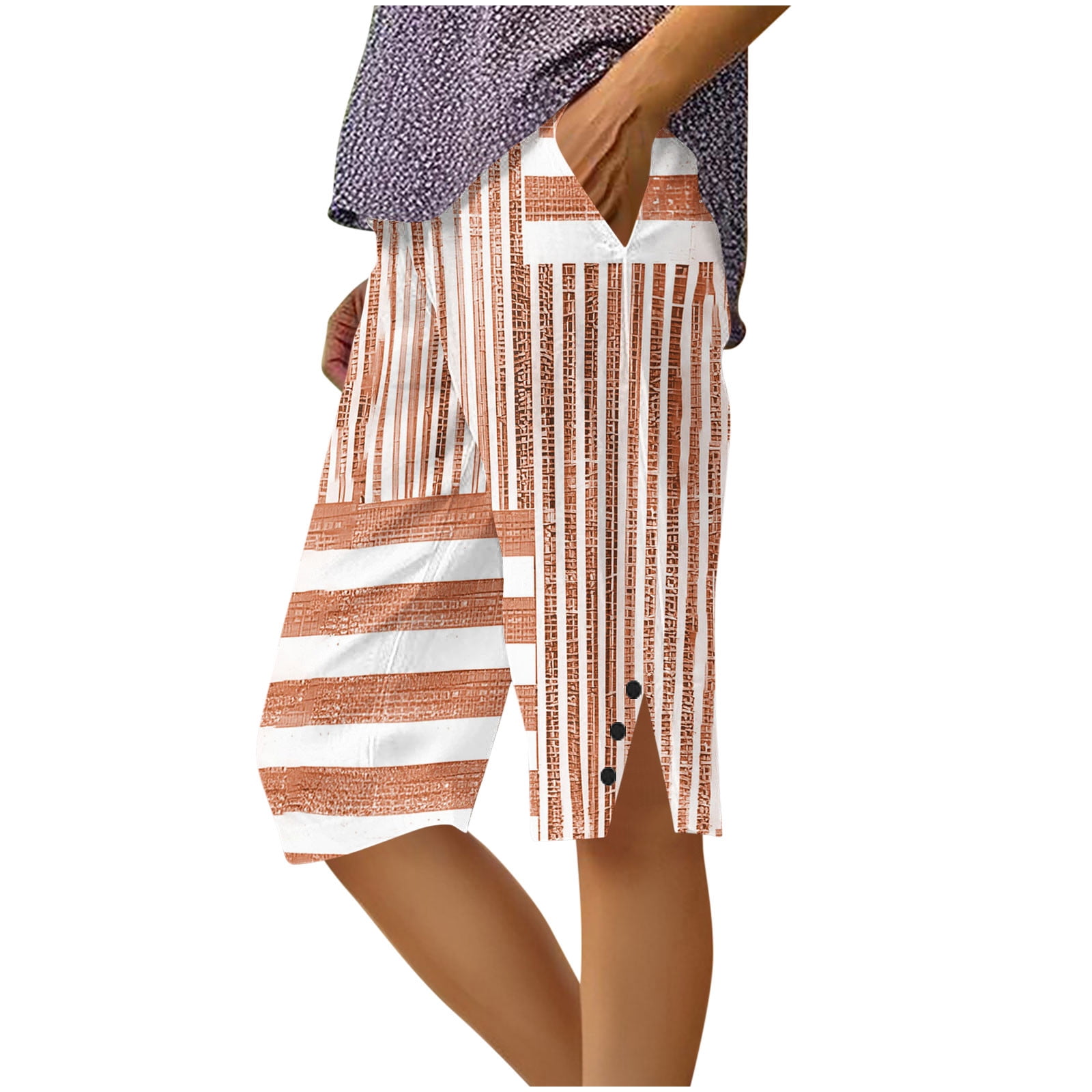 hlysgo Women's Stripe Color Block Pants Linen Blend Side Slit Button ...