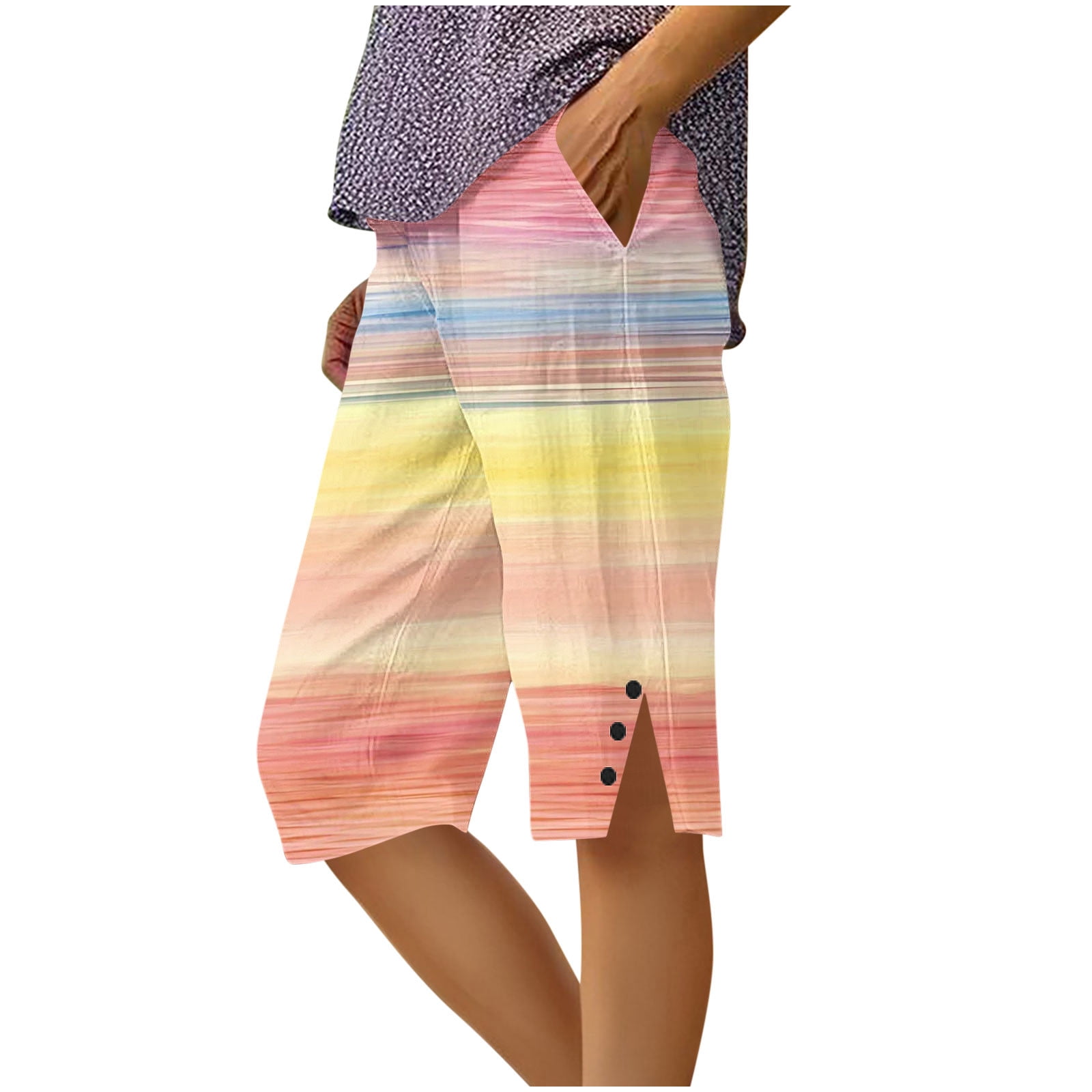 hlysgo Women's Stripe Color Block Pants Linen Blend Side Slit Button ...