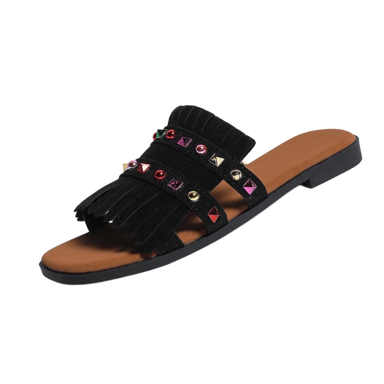 hlysgo Women's Suede Open Toe Flat Slides Multicolor Rhinestone Studded ...