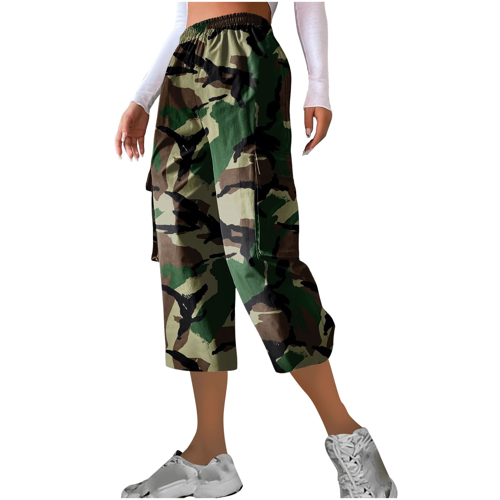 hoadeuw Capri Pants for Women Casual Camouflage Print Cargo Stretch ...