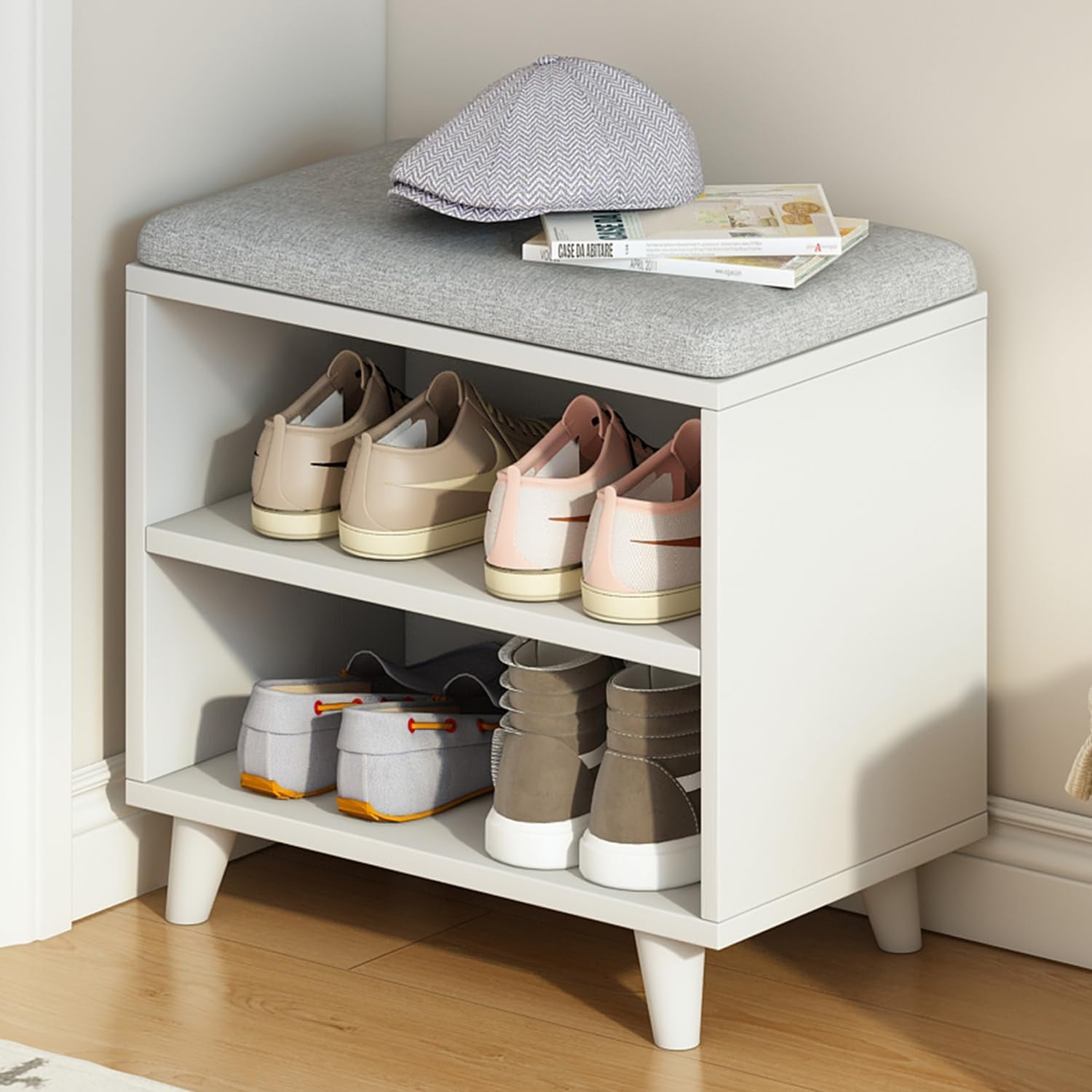 hoe Bench with Storage Shelf - 2-Tier Footwear Rack with Cushion Padded ...