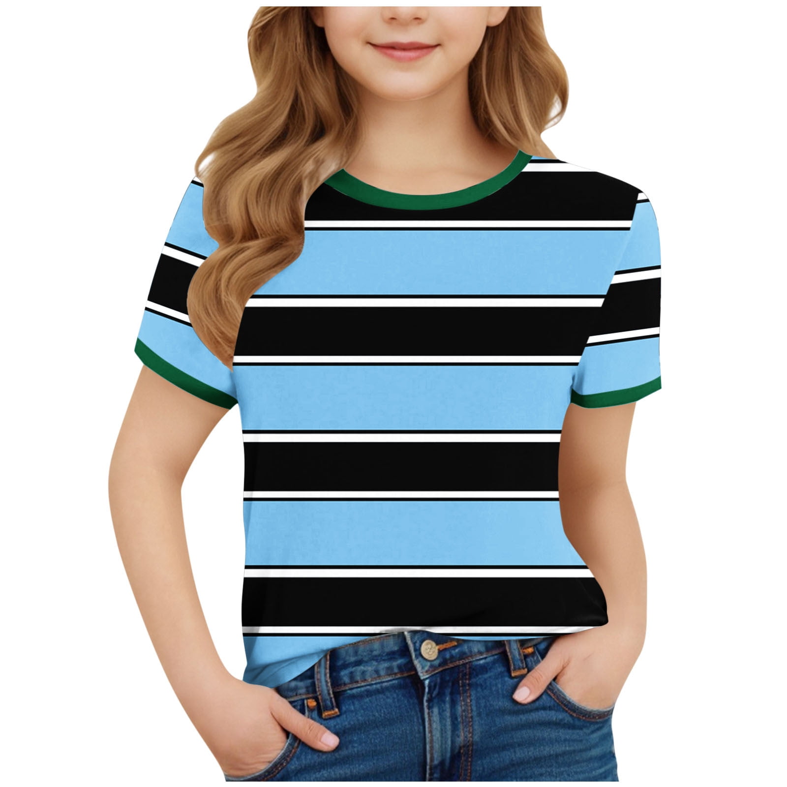 hoksml Big Kids Girls Summer Stripe Print T-Shirt Casual Short Sleeve ...