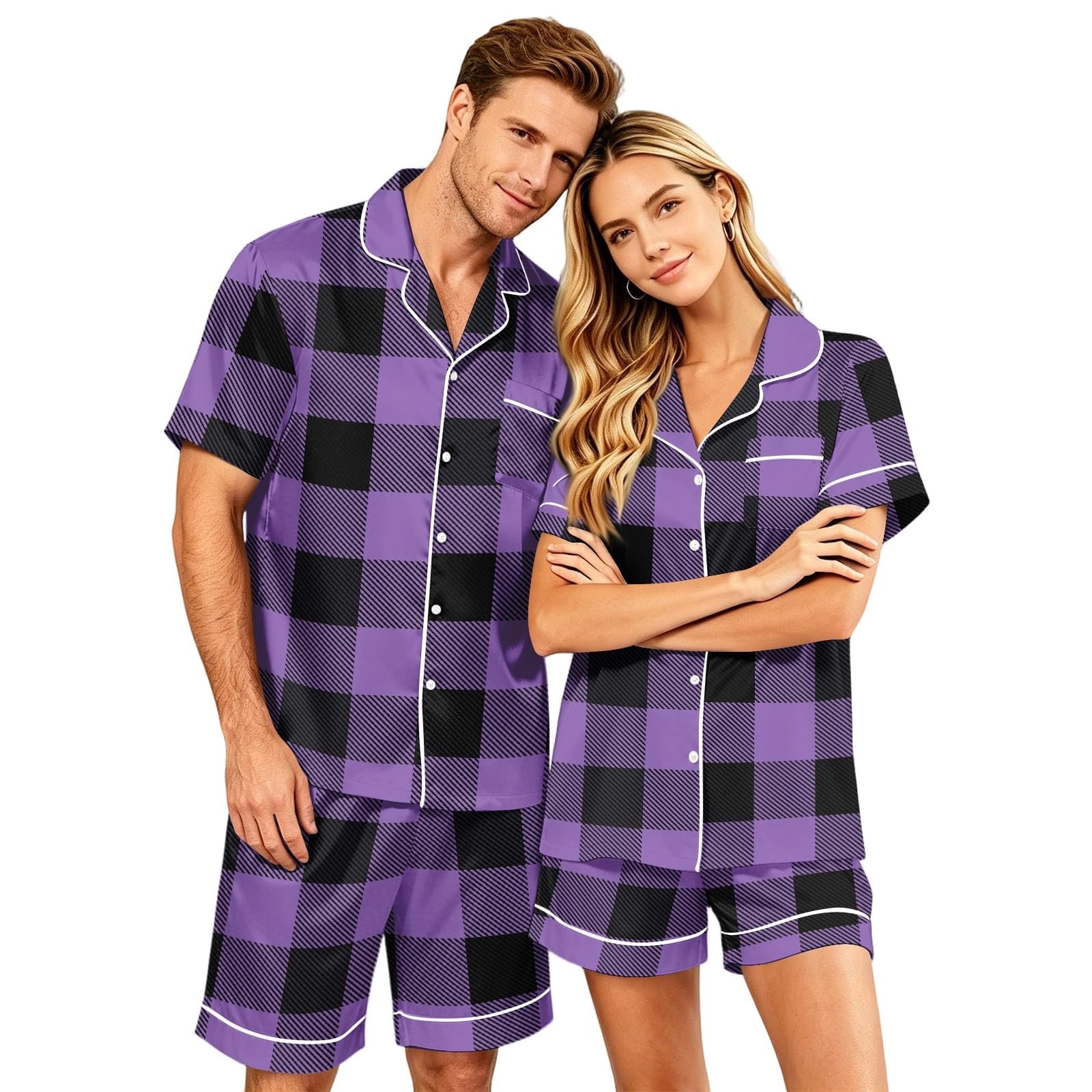 hoksml Couple Matching Plaid Satin Pajama Set, Notch Collar Short ...