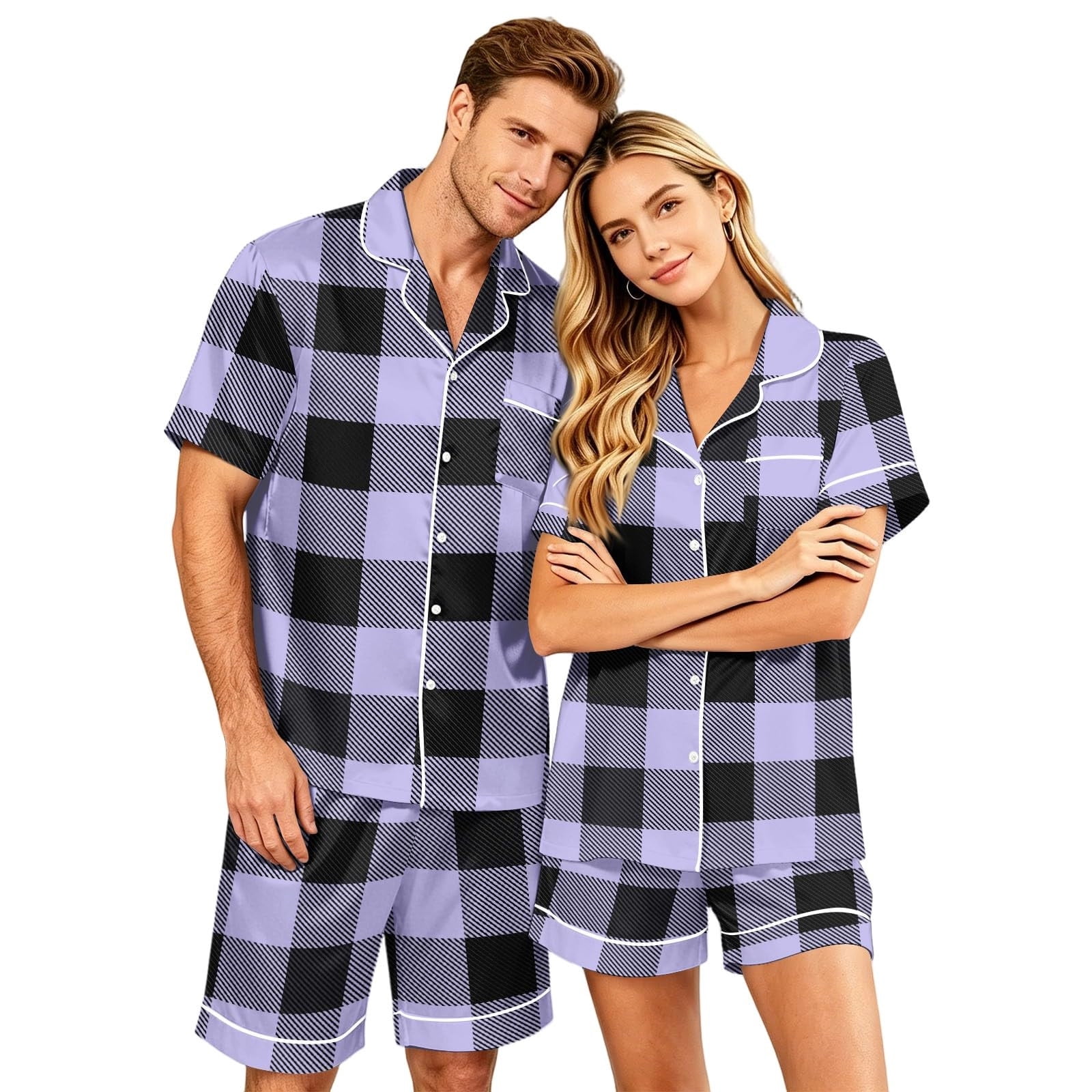 hoksml Couple Matching Plaid Satin Pajama Set, Notch Collar Short ...