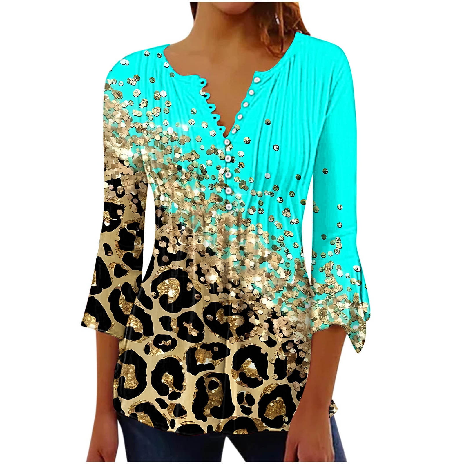 hoksml Fancy Tops for Women,Women's Casual Trumpet 3/4 Sleeve Printed ...