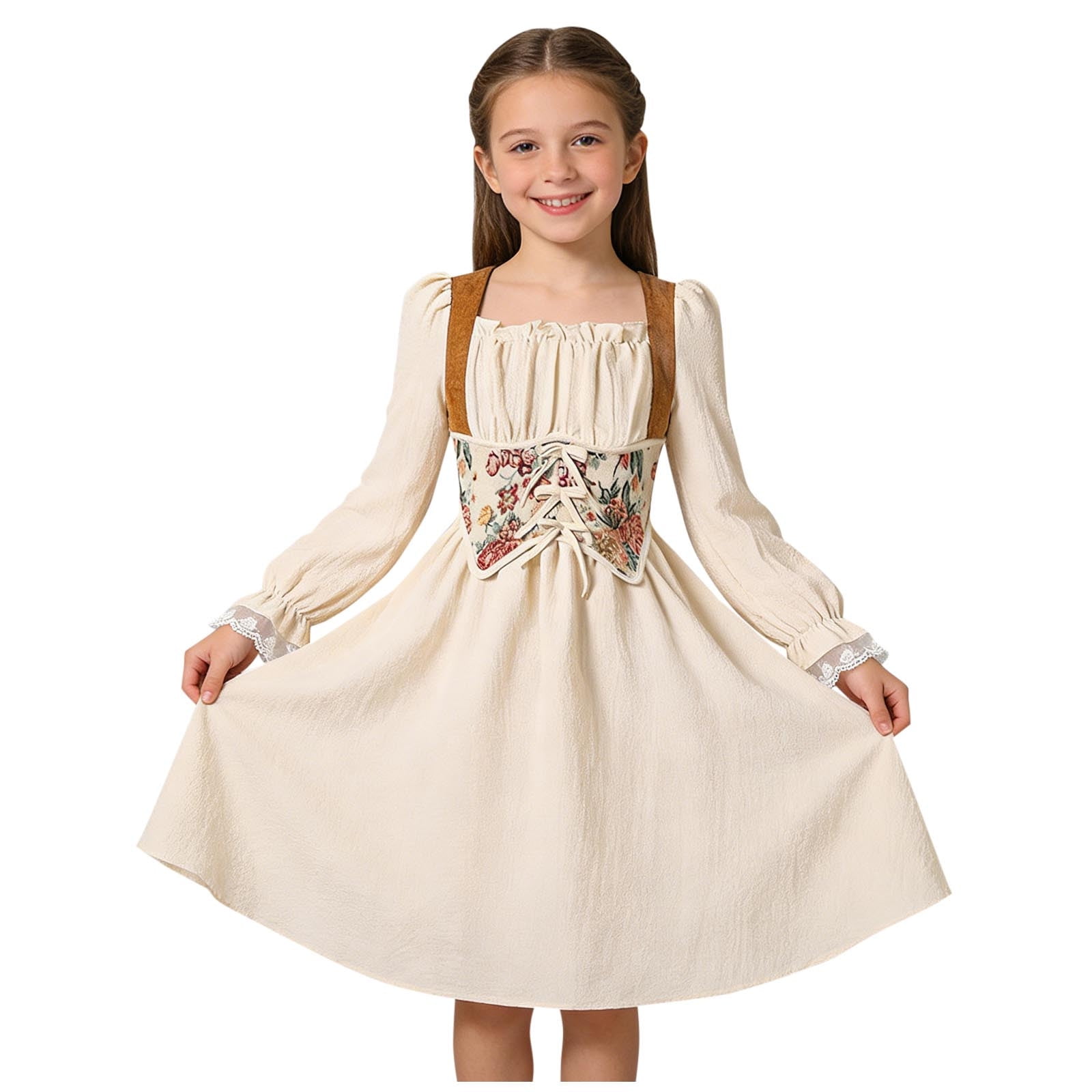 hoksml Girls' Renaissance Style Midi Dress, Square Neck Puff Sleeve ...