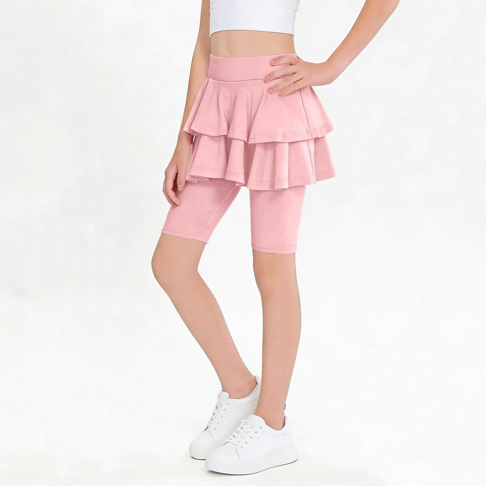 hoksml Girls' Two-in-One Solid Color 5-Inch Shorts with Skirt Layer ...