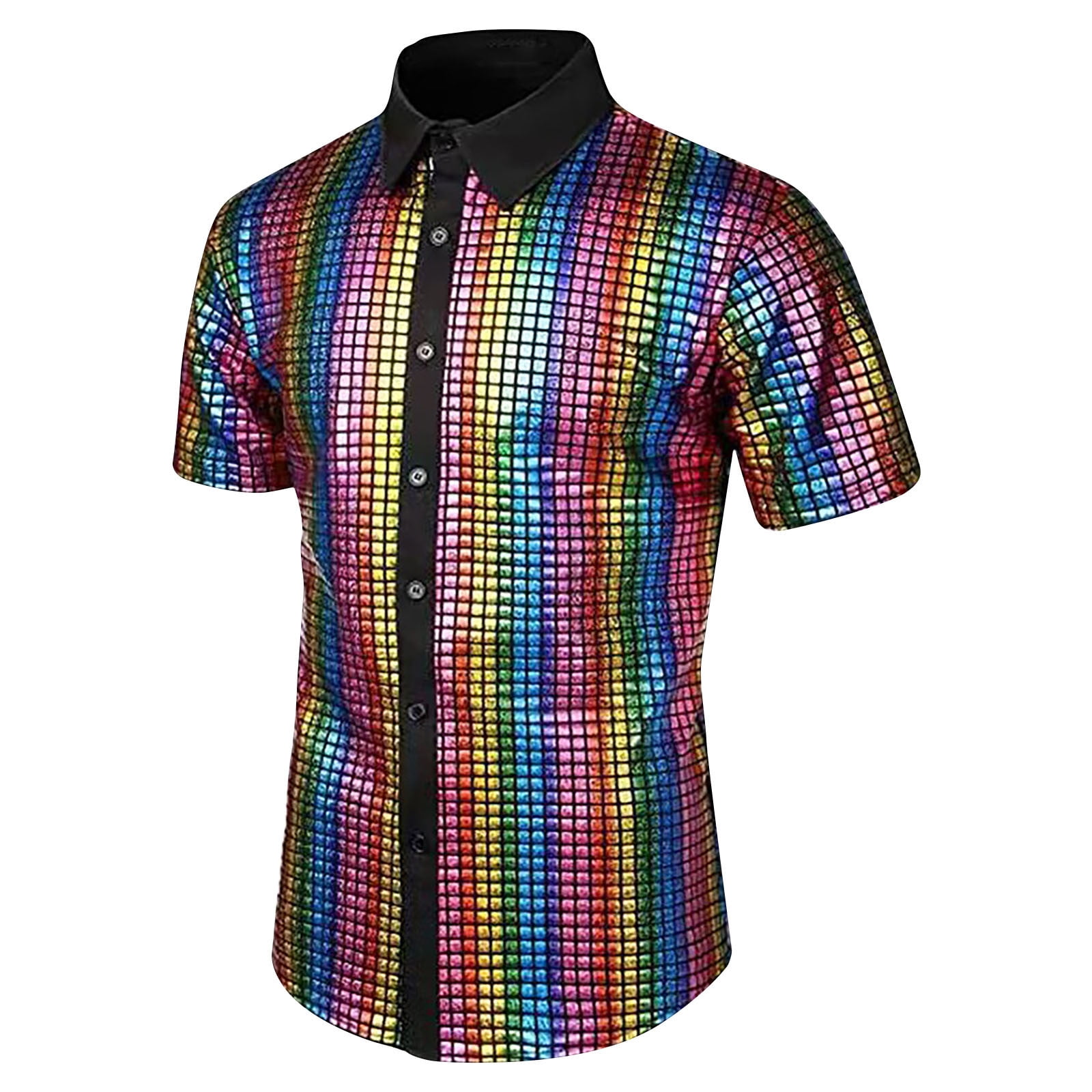 hoksml Mens 70s Prom Shirt Outfit Sequin Short Sleeve Prom Nightclub ...