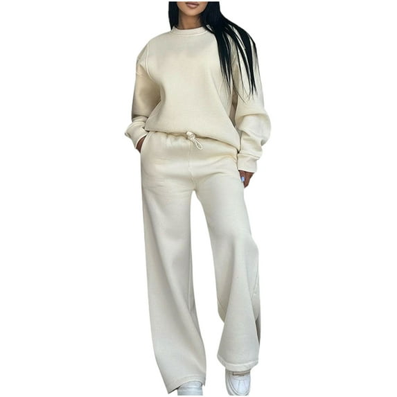 hoksml Women's 2-Piece Sweatsuit Set Solid Color Long Sleeve Crewneck ...