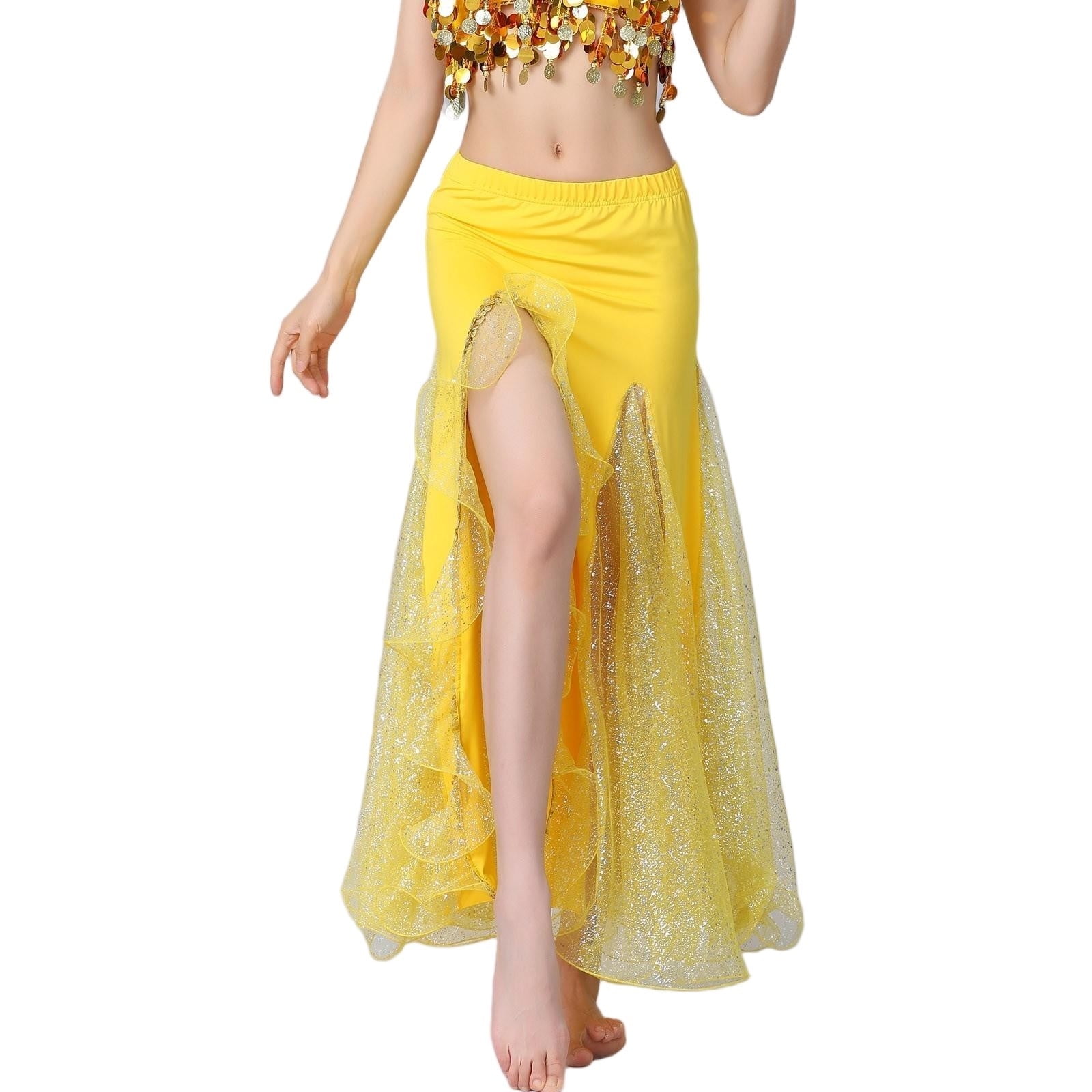 hoksml Women's Belly Dance Skirt, High Slit Maxi Skirt with Sparkly ...