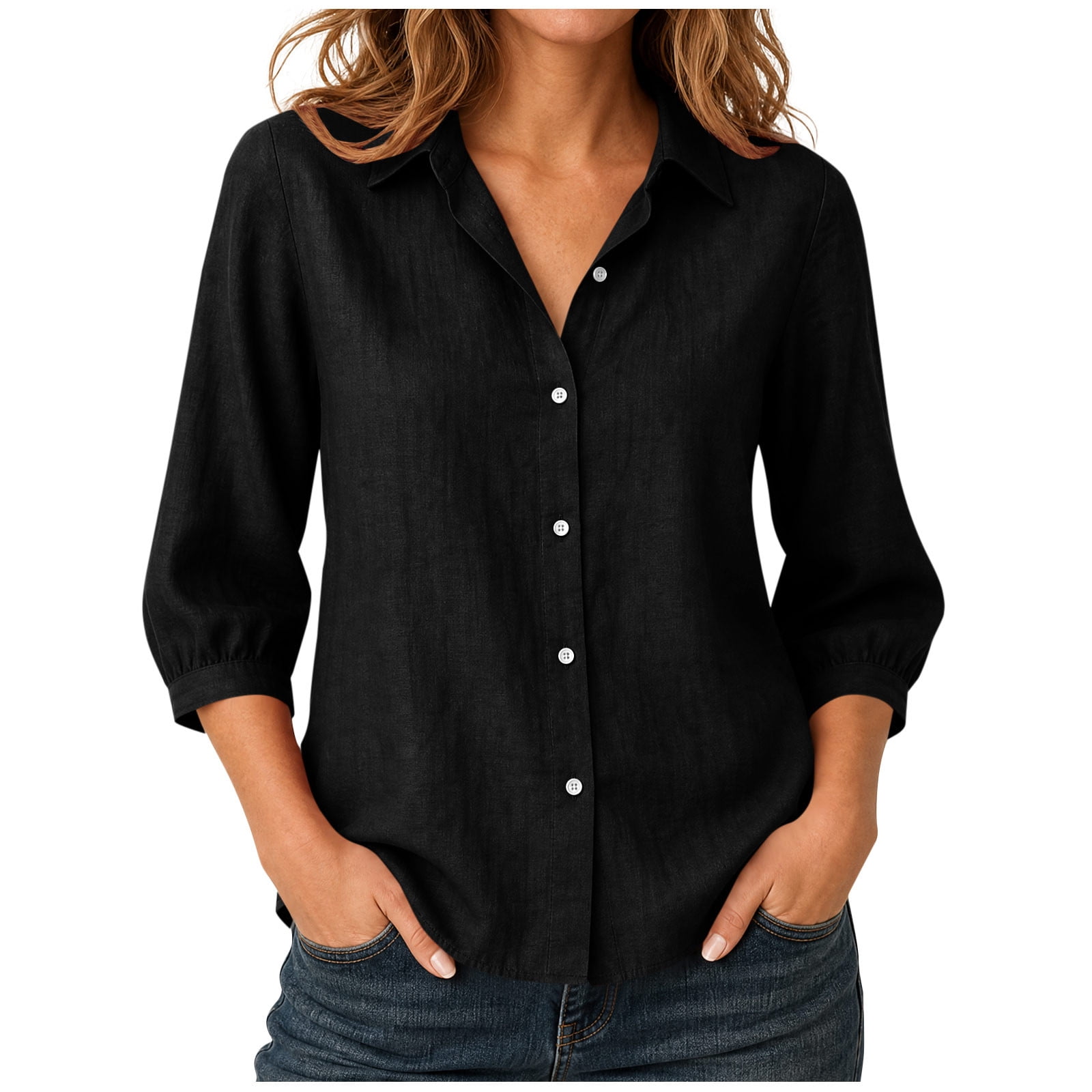 hoksml Women's Button Down Linen Blend Shirt, Puff Cuff 3/4 Sleeve ...