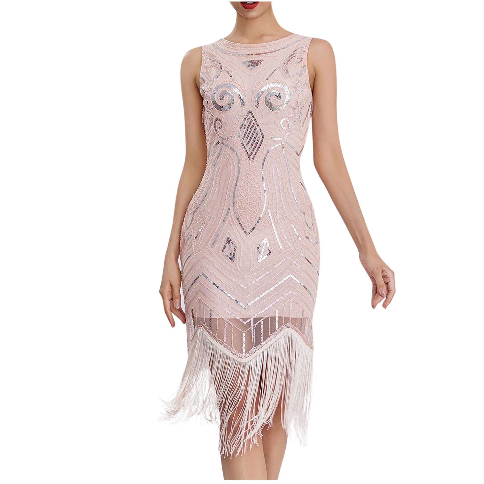 hoksml Women's Cocktail Dresses Sequins Tassel Dress 2024 Modest ...