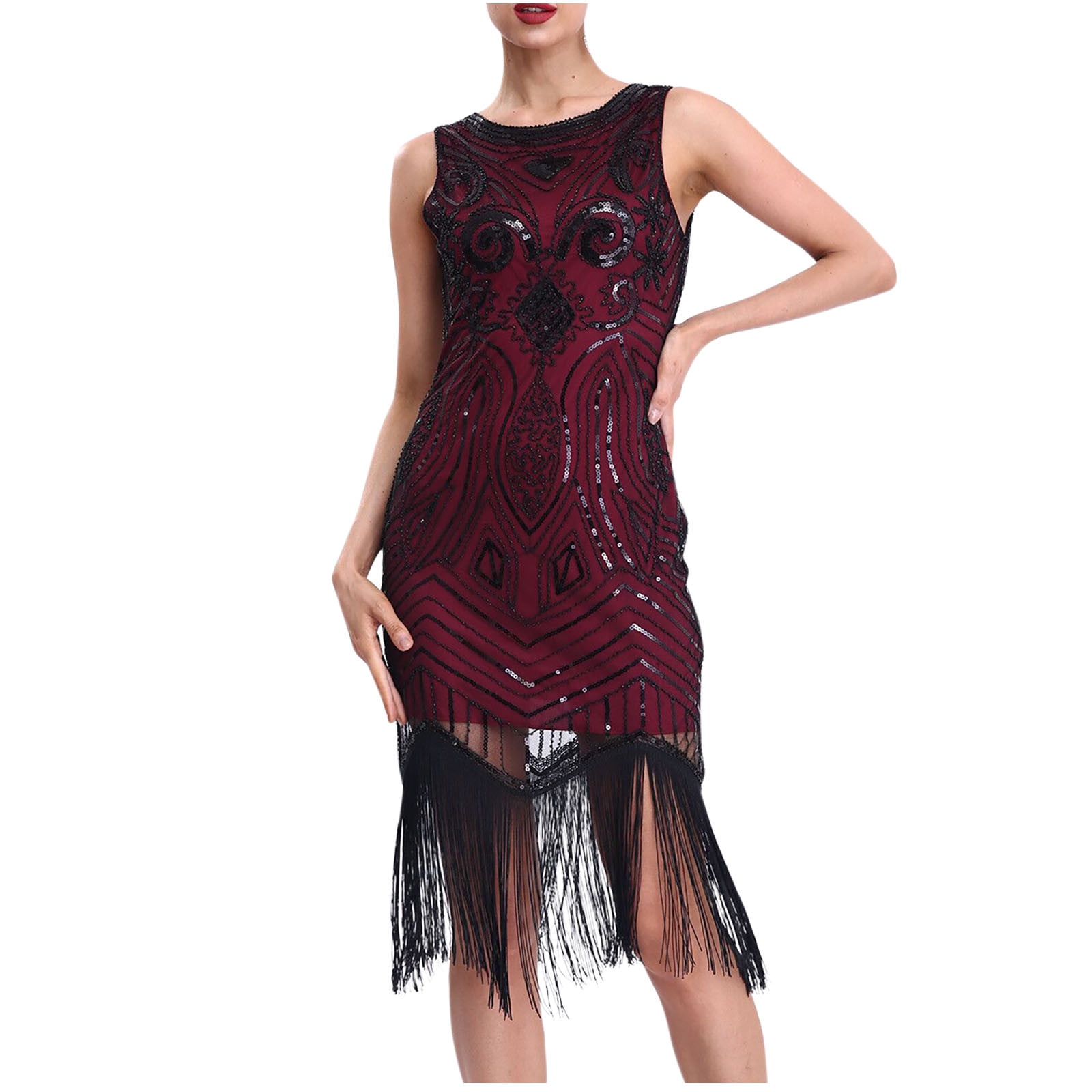 hoksml Women's Cocktail Dresses Sequins Tassel Dress 2024 Modest ...