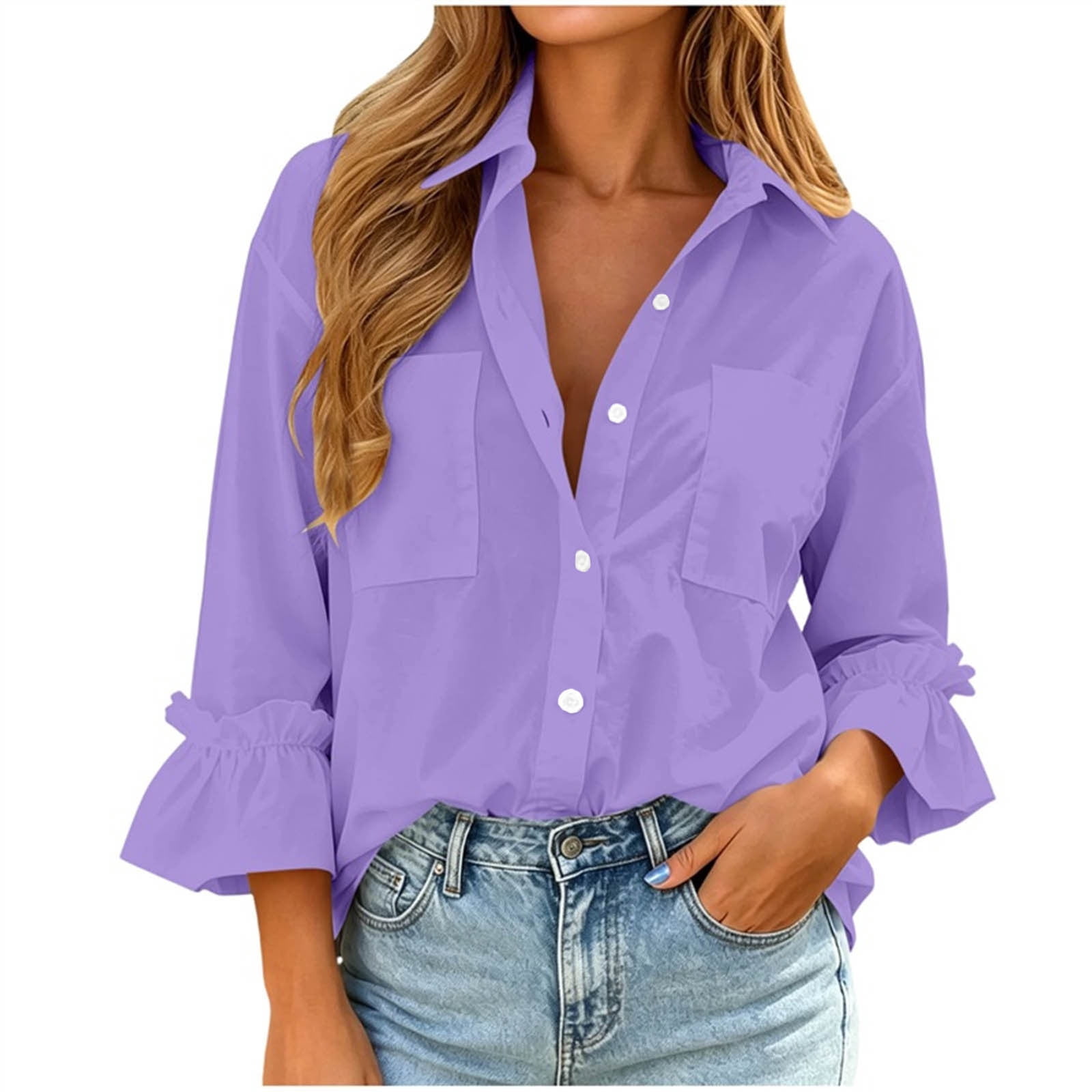 hoksml Women's Collared Button Down Ruffle 3/4 Sleeve Blouse, Dual ...