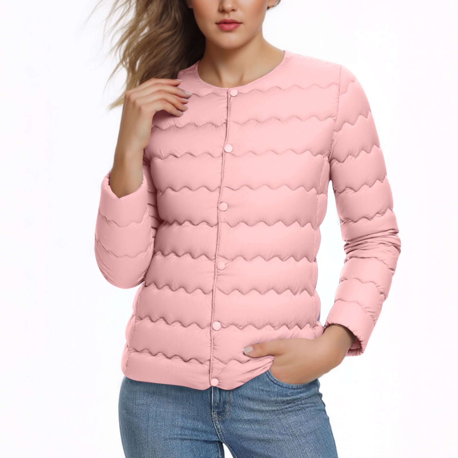 hoksml Women's Collarless Quilted Jacket Lightweight Button Down Puffer ...