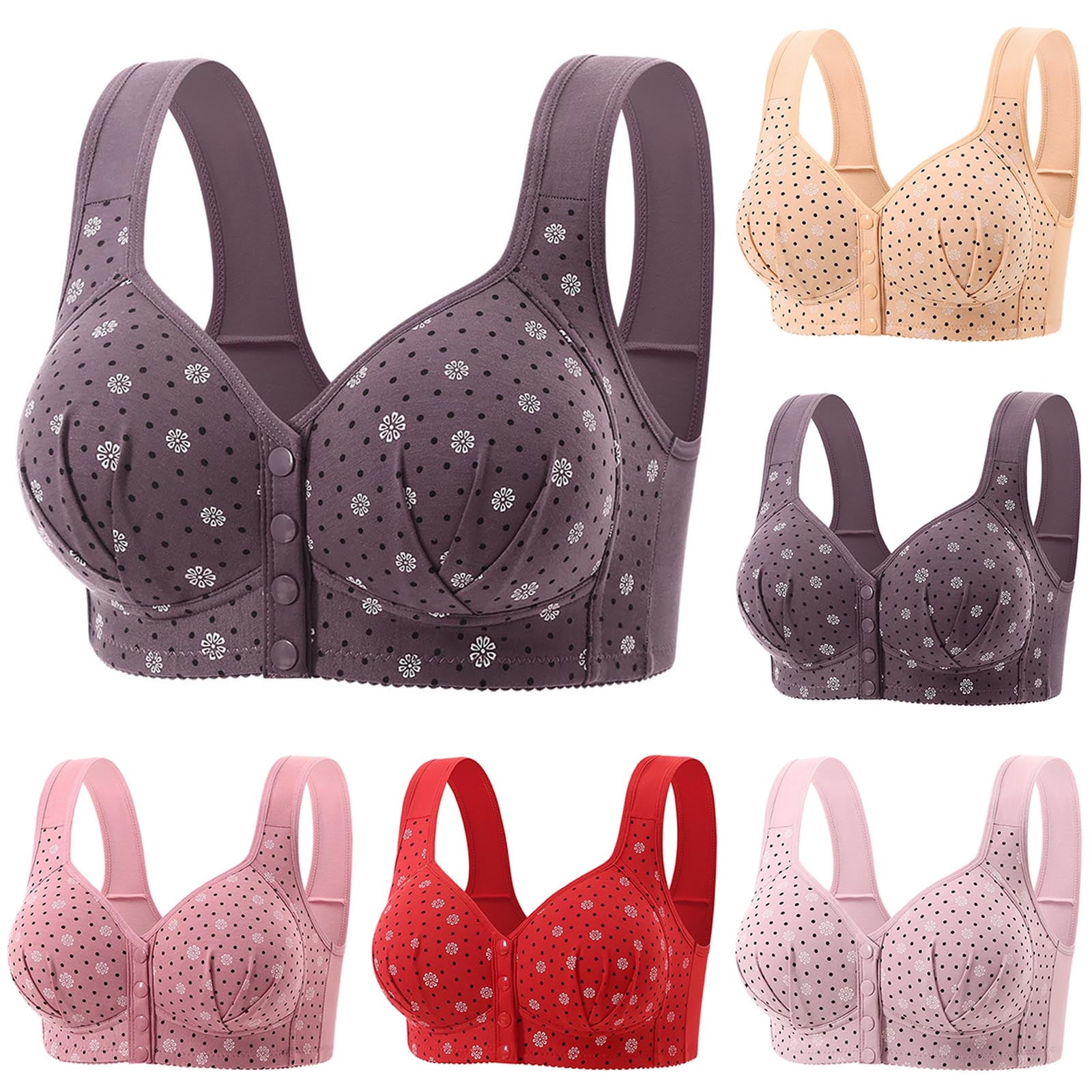 hoksml Women's Front-hook Bra Wireless Wide Strap Polka Dot Comfort ...