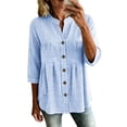 hoksml Women's Gingham Stand Collar 3/4-Sleeve Button-Down Blouse ...