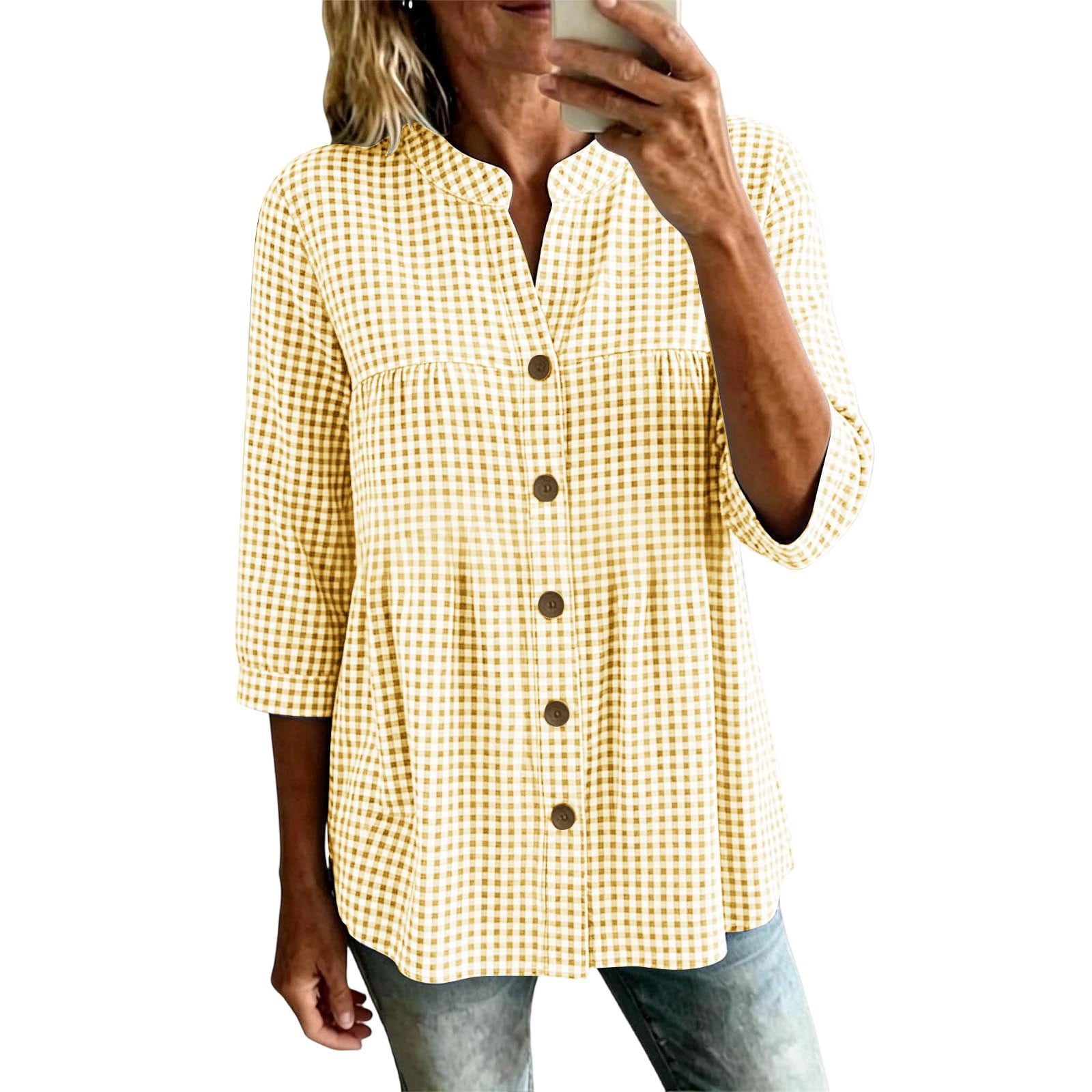 hoksml Women's Gingham Stand Collar 3/4-Sleeve Button-Down Blouse ...