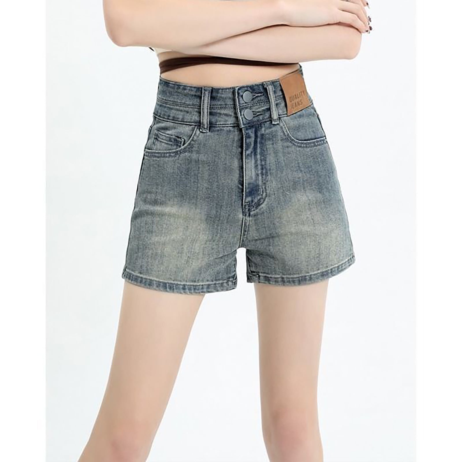 hoksml Women's High Waist Jean Shorts Solid Color Spring Summer ...