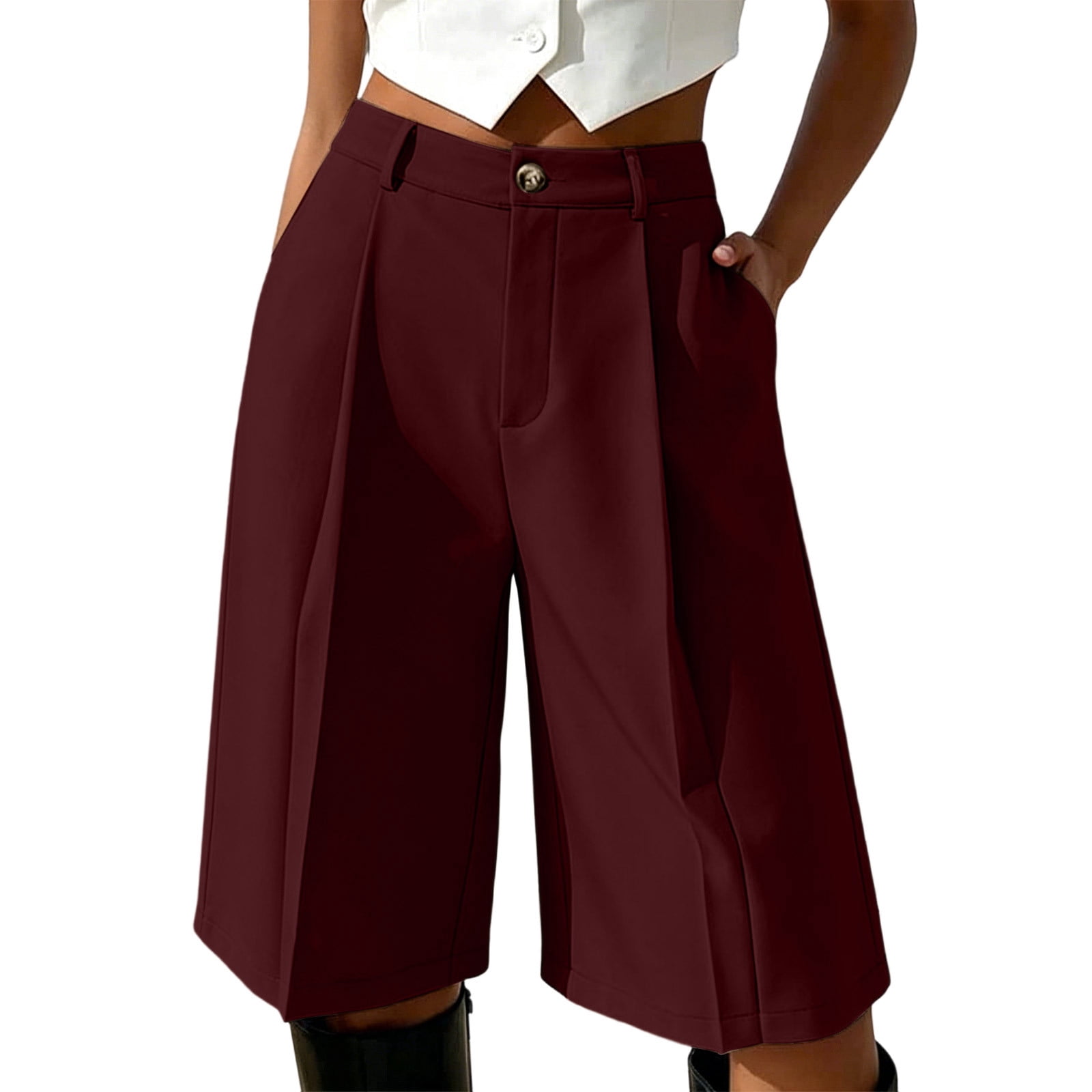 hoksml Women's High Waist Wide Leg Bermuda Shorts - Pleated Front with ...
