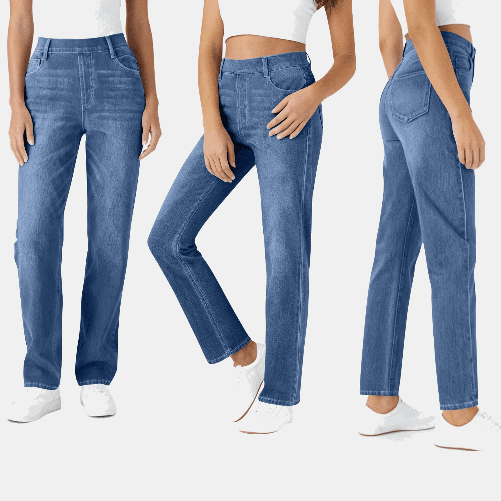 hoksml Women's Jean-Style Pants Stretch Denim-Look Solid Color Straight ...