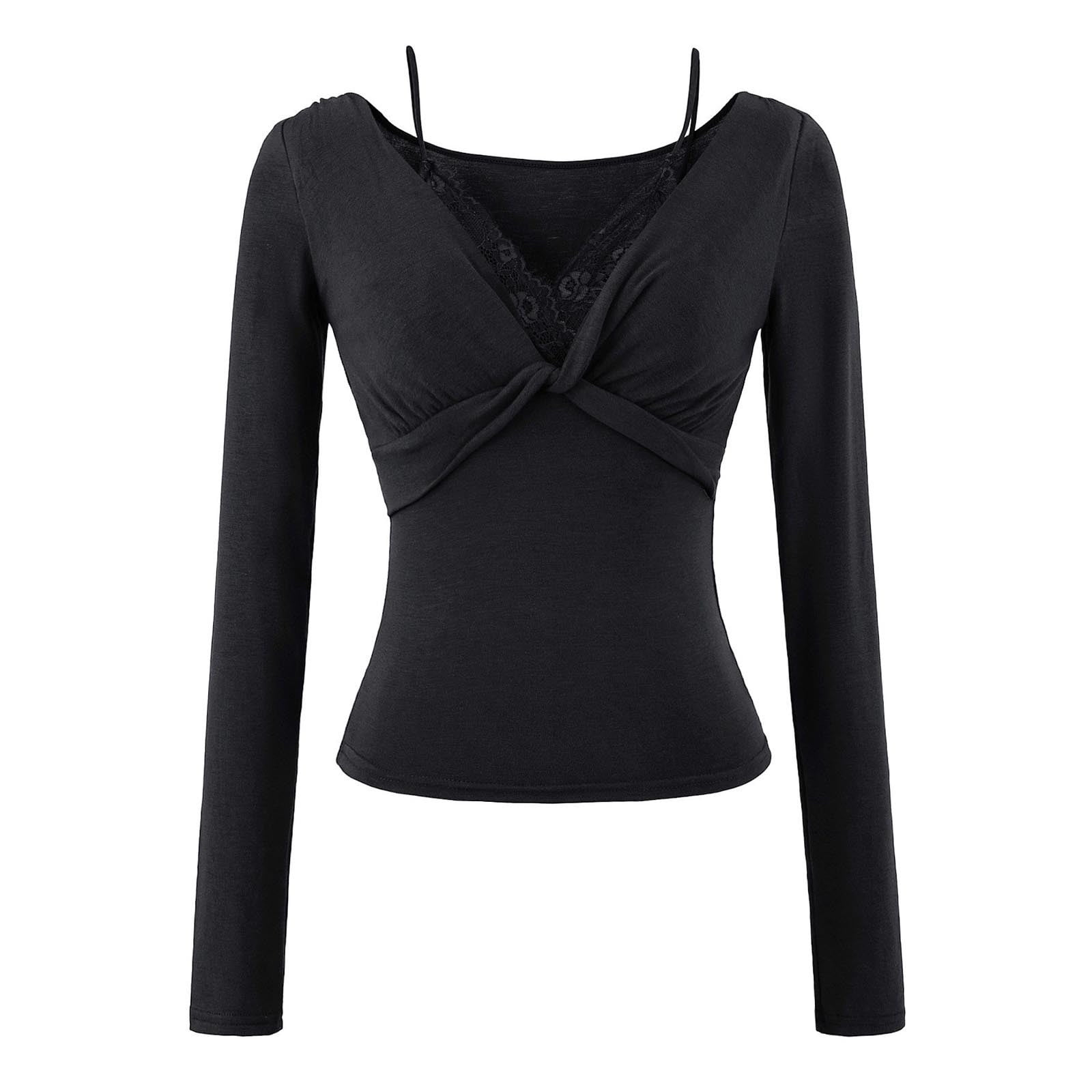 hoksml Women's Long Sleeve V-Neck Top with Lace Trim and Front Twist ...