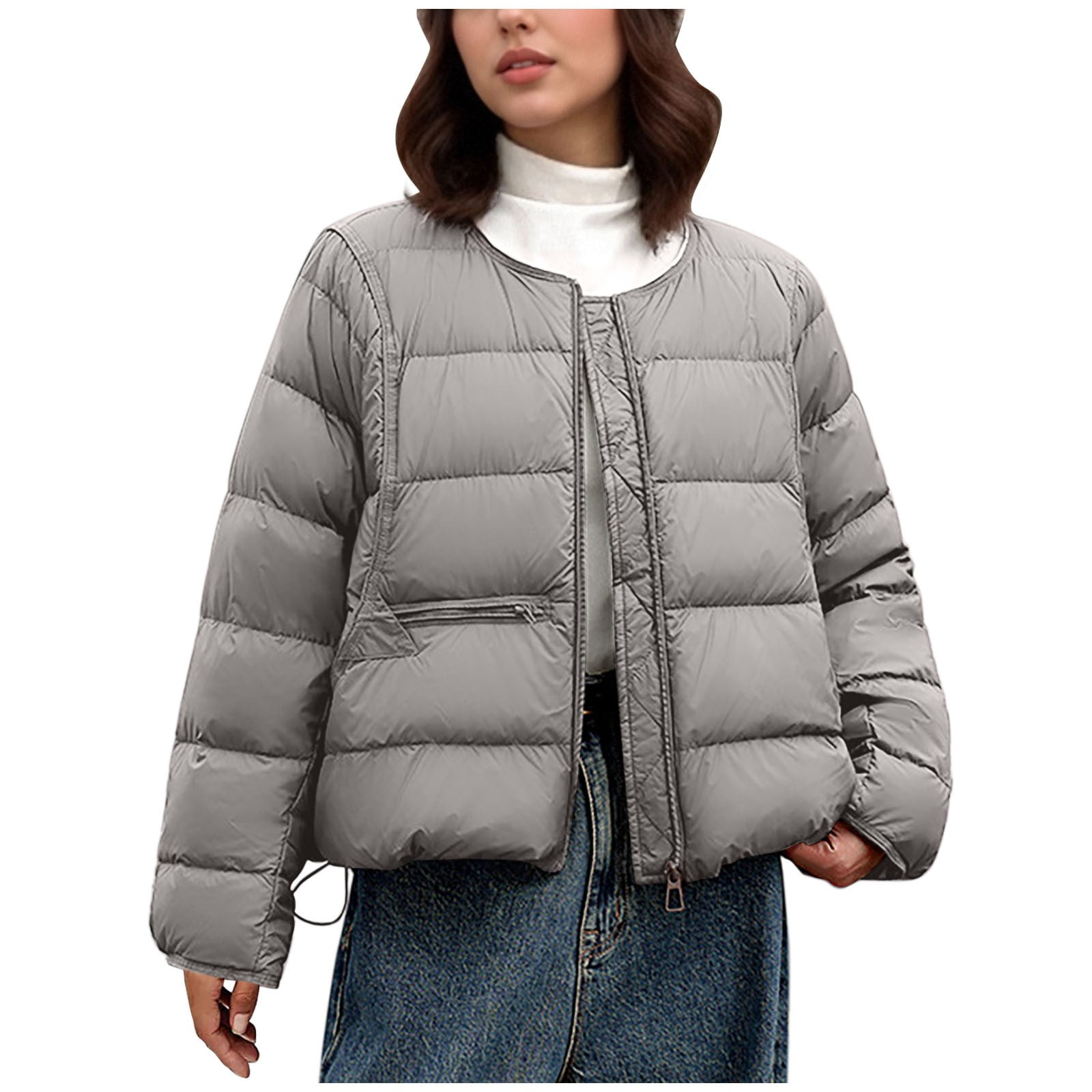 hoksml Women's Oversized Collarless Puffer Jacket Lightweight Solid ...