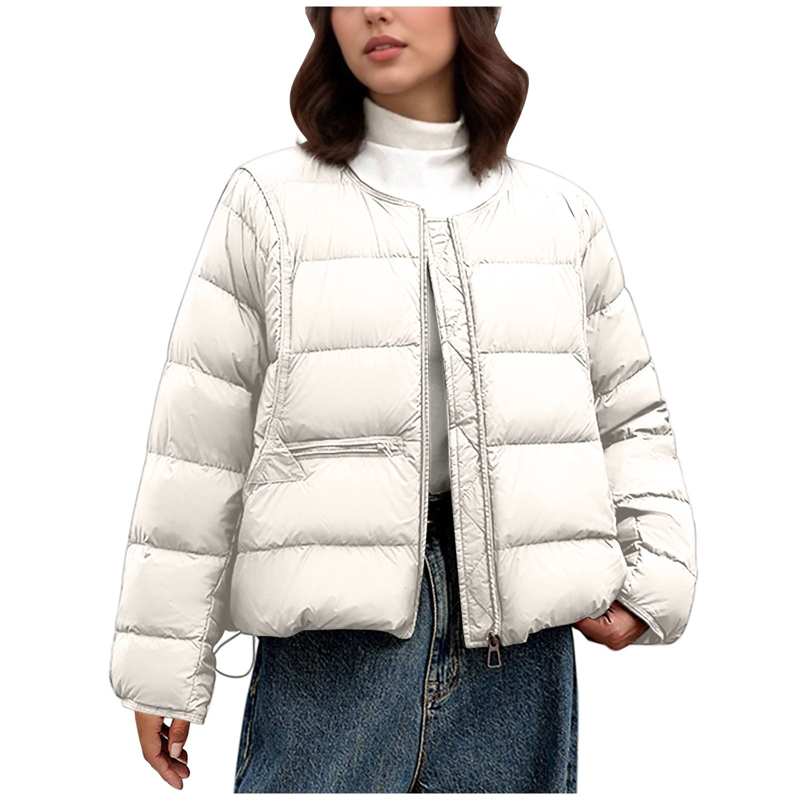 hoksml Women's Oversized Collarless Puffer Jacket Lightweight Solid ...