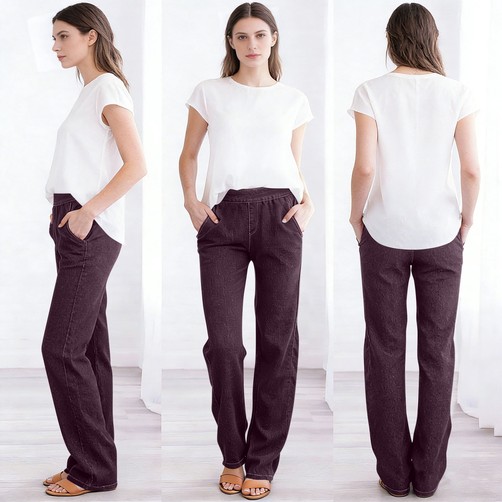 hoksml Women's Pull-On Straight Leg Jeans - Stretchy Faux Denim, High ...
