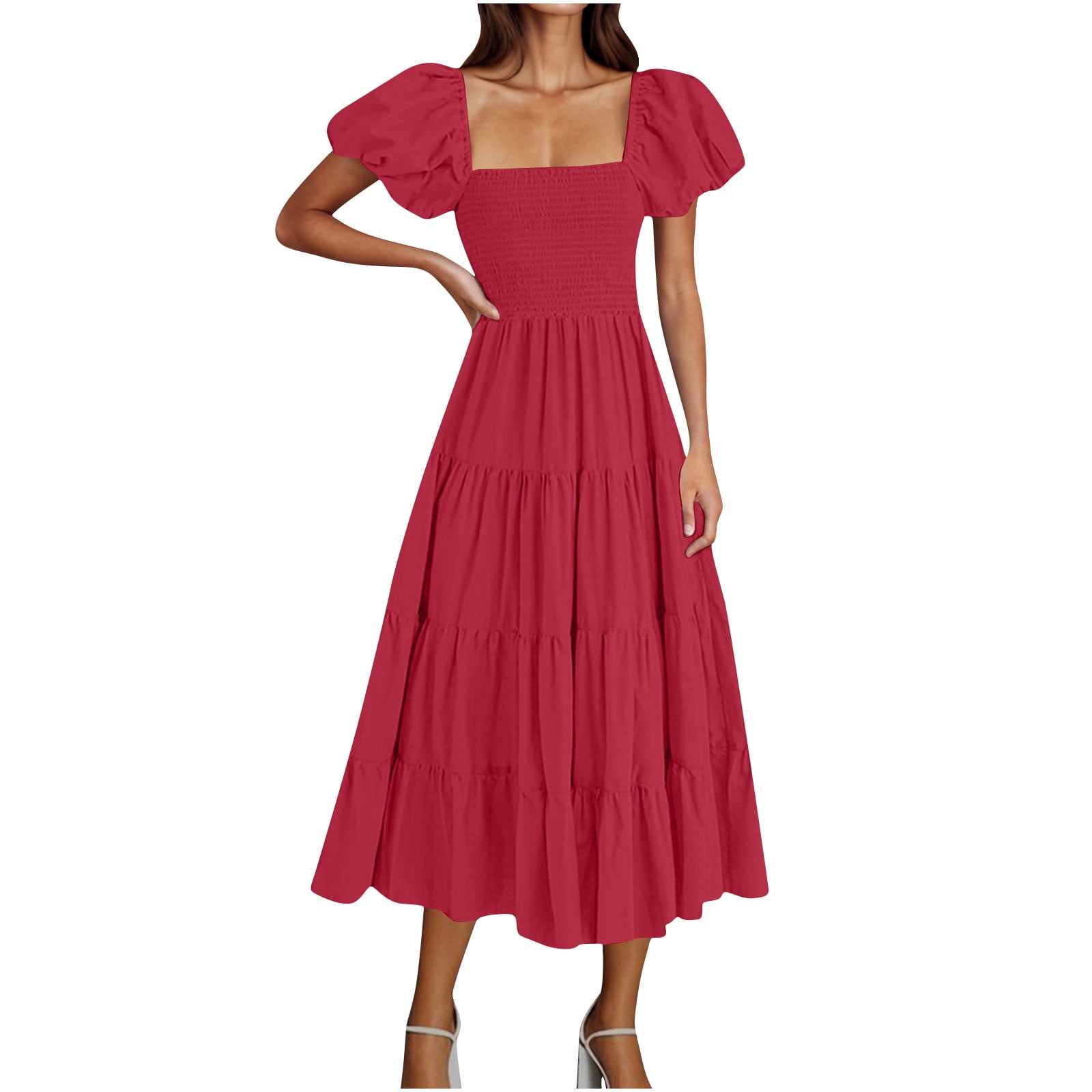 hoksml Women's Square Neck Smocked Midi Dress, Puff Short Sleeve Tiered ...