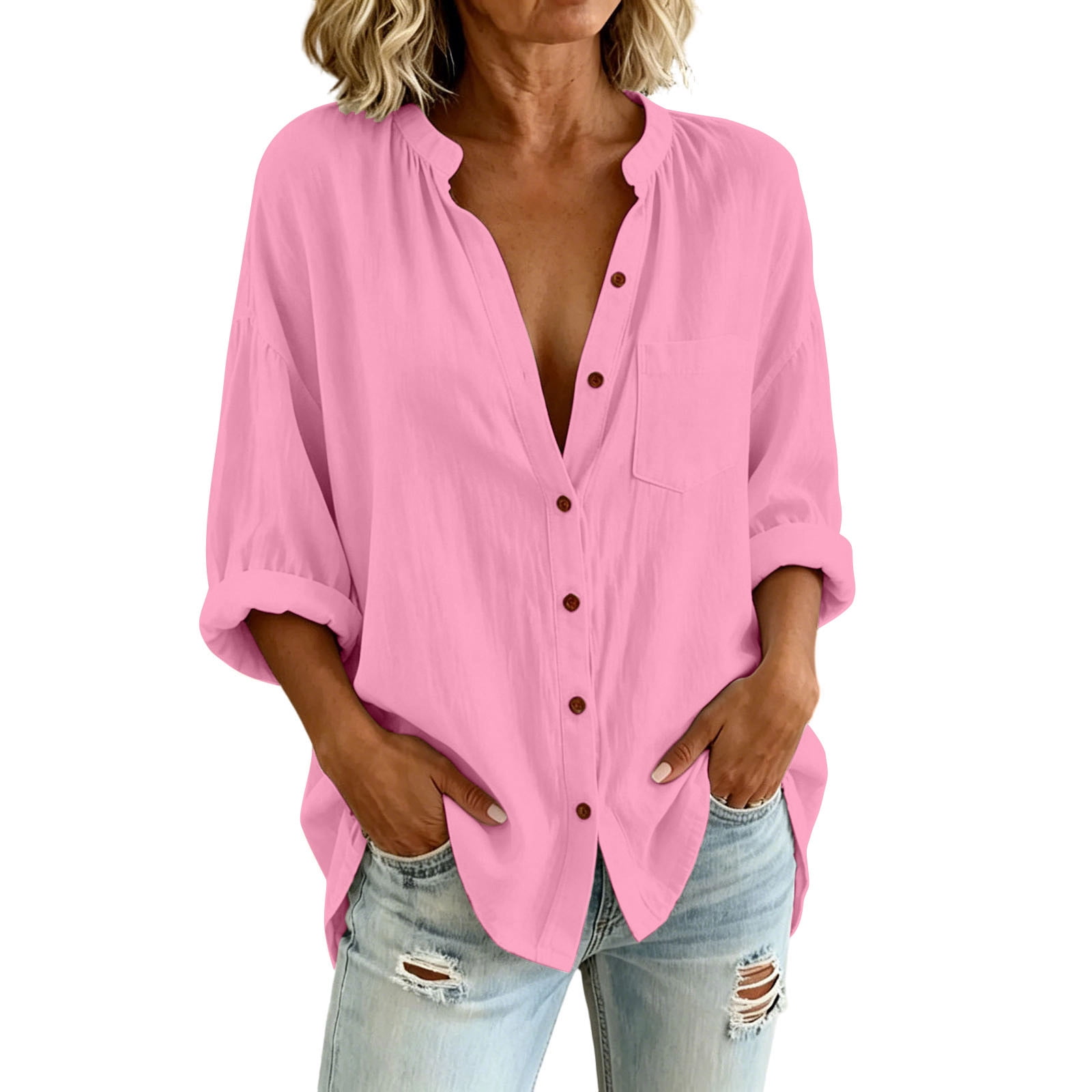 hoksml Women's Stand Collar V Neck Button Down Shirt, Loose Cotton ...