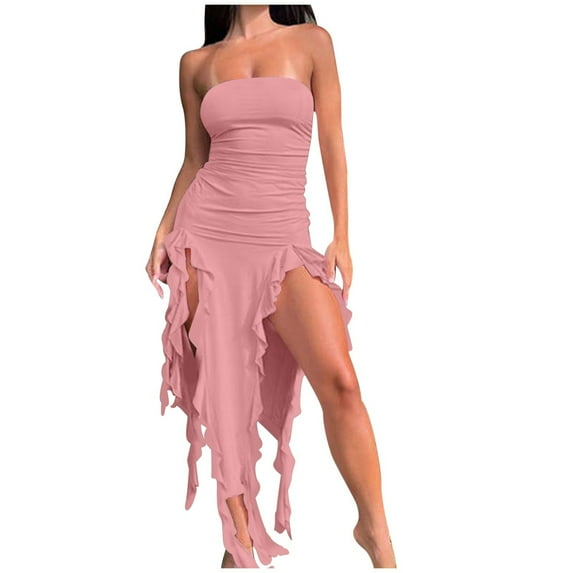 hoksml Women's Strapless Ruched Midi Dress, Asymmetrical Ruffle Hem ...