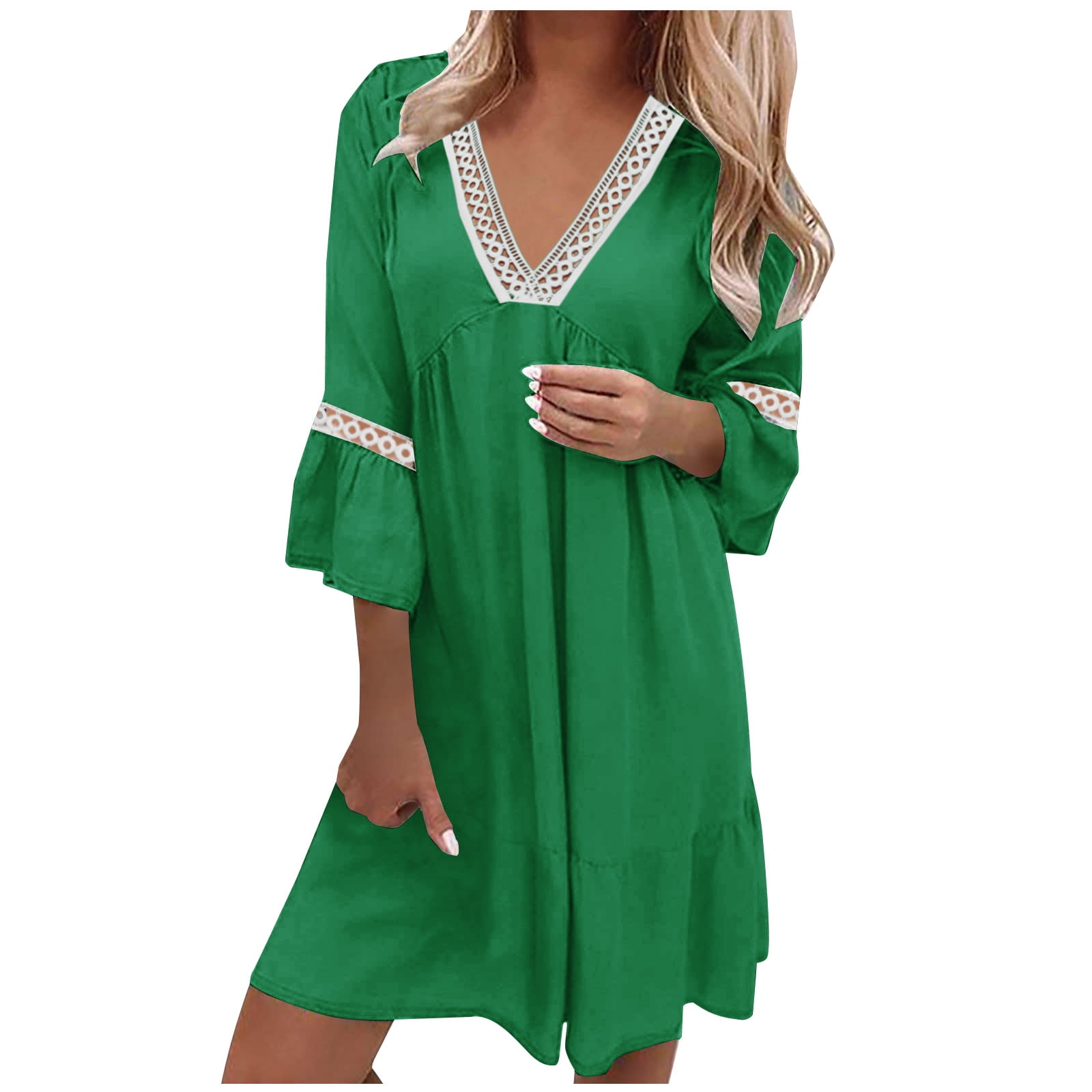 Hoksml Womens Summer Midi Dresses Solid Color V Neck Lace Flared