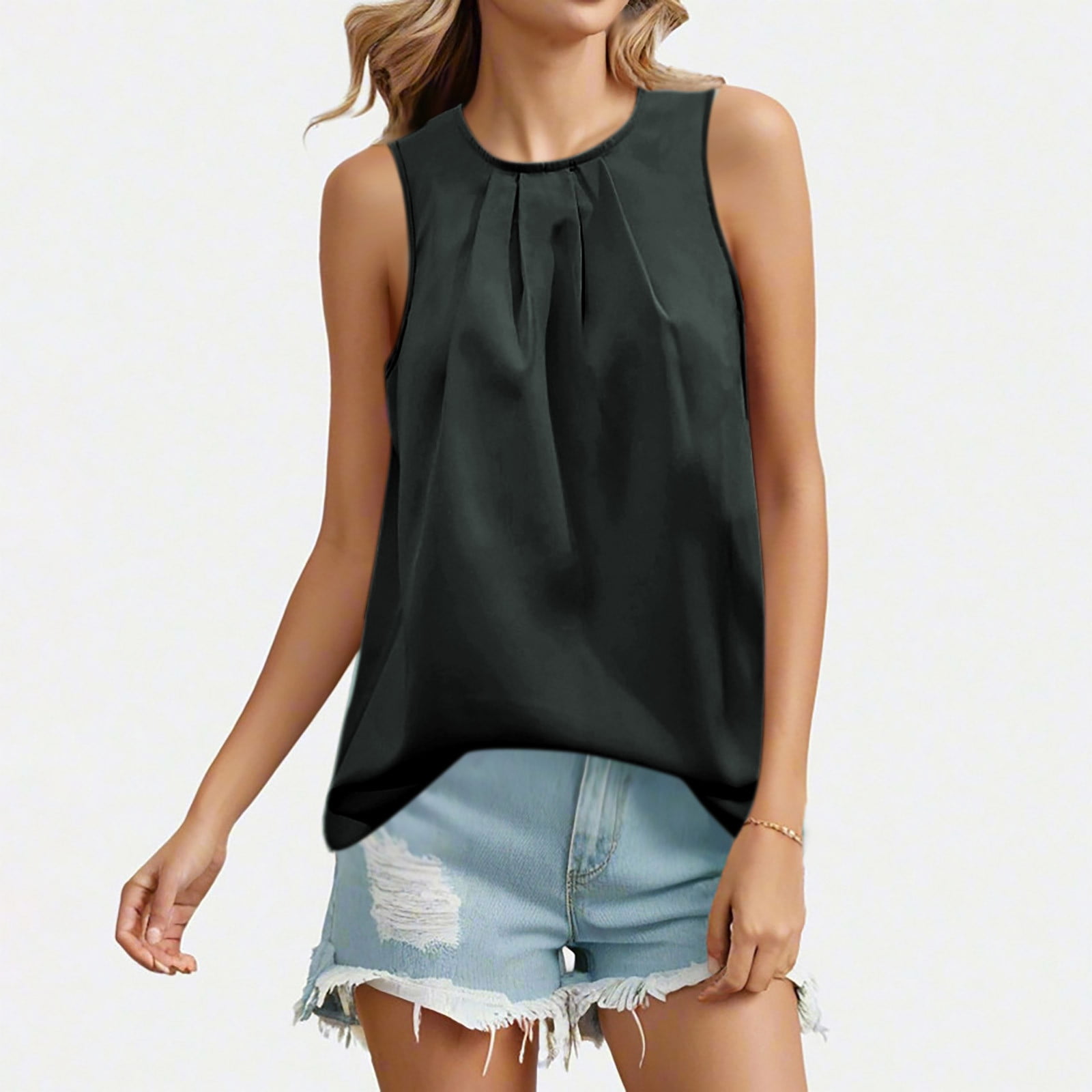 hoksml Women's Summer Tops Round Neck Sleeveless Tank Solid Color T ...
