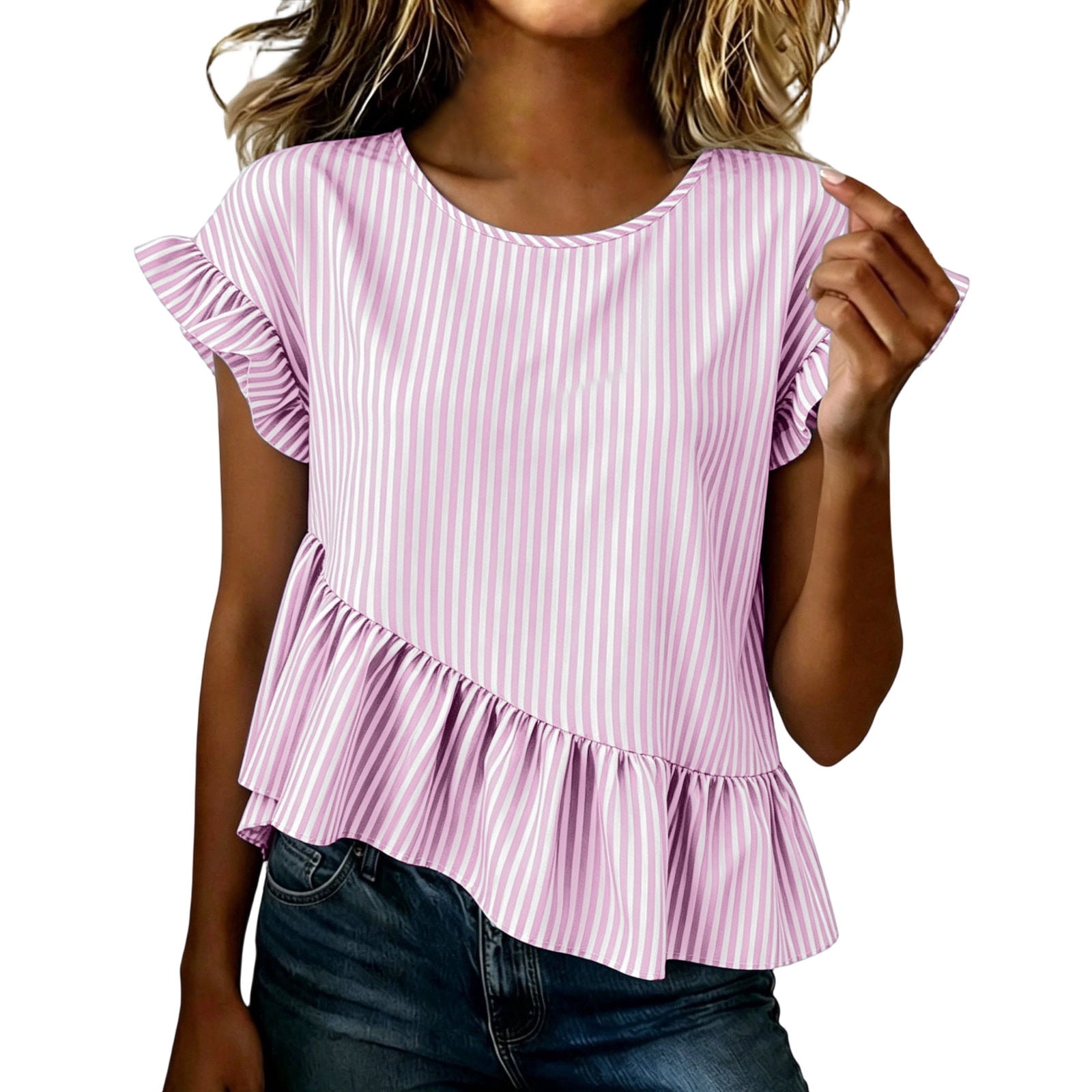 hoksml Women's Vertical Stripe Ruffle Cap Sleeve Blouse, Asymmetrical ...