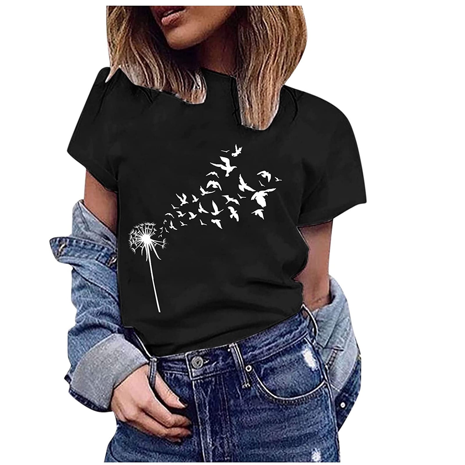 Hoksml Womens Summer Tops Womens Fashion Casual Printing O Neck Loose