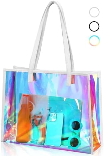 holographic clear tote bag with leather handle iridescent bachelorette ...