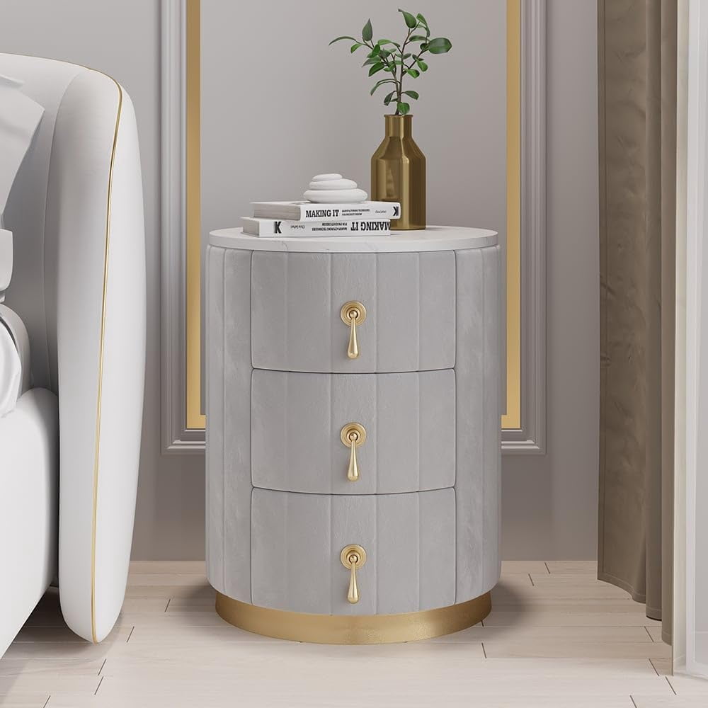 homary Velvet Nightstand with 3 Drawers, Gray Round Bedside Table with ...