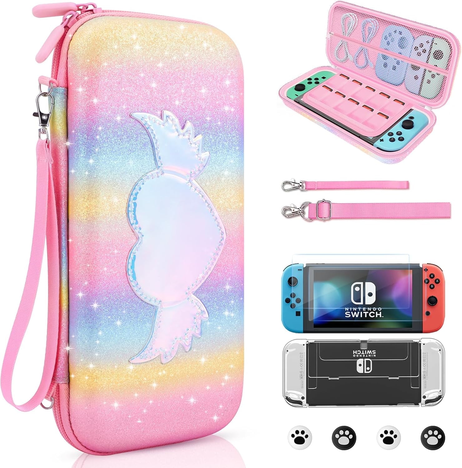 HOMICOZY Carrying Case for Nintendo Switch OLED Rainbow Heart Glitter ...