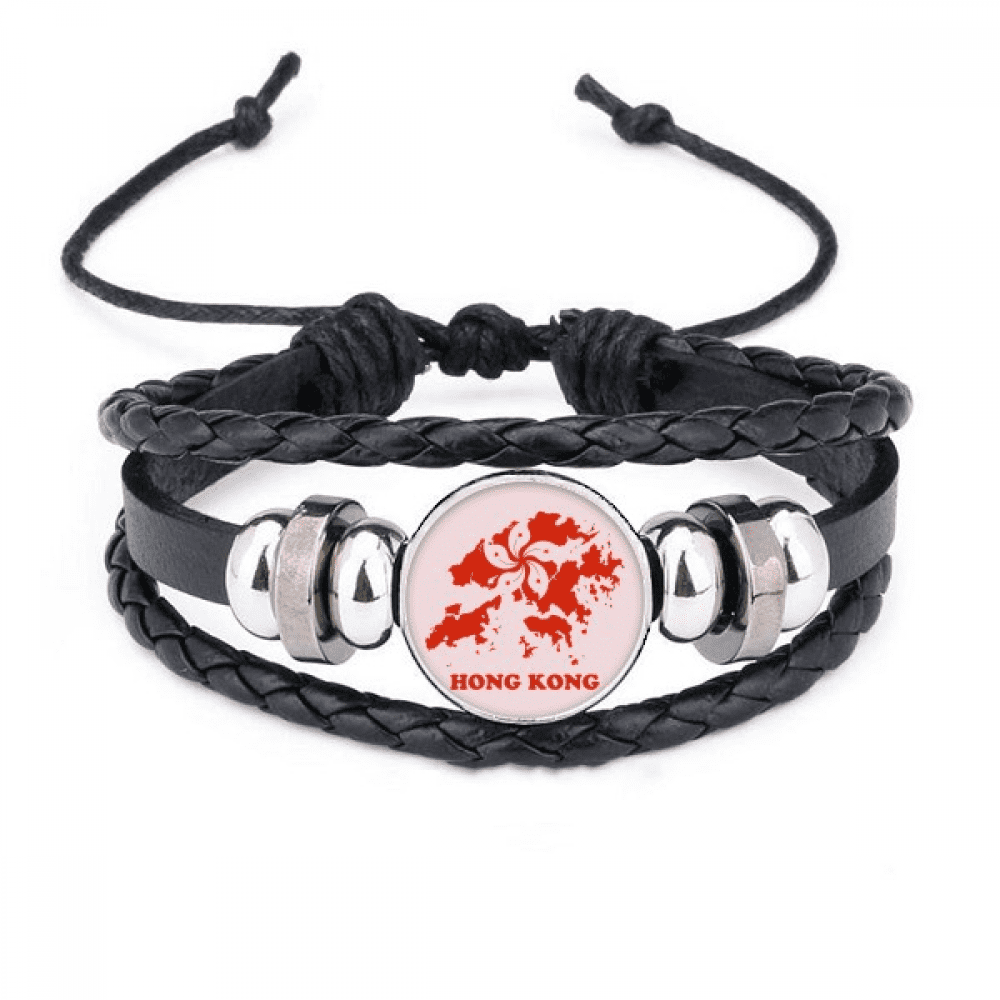 hong kong map outline location bracelet braided leather woven wristband ...