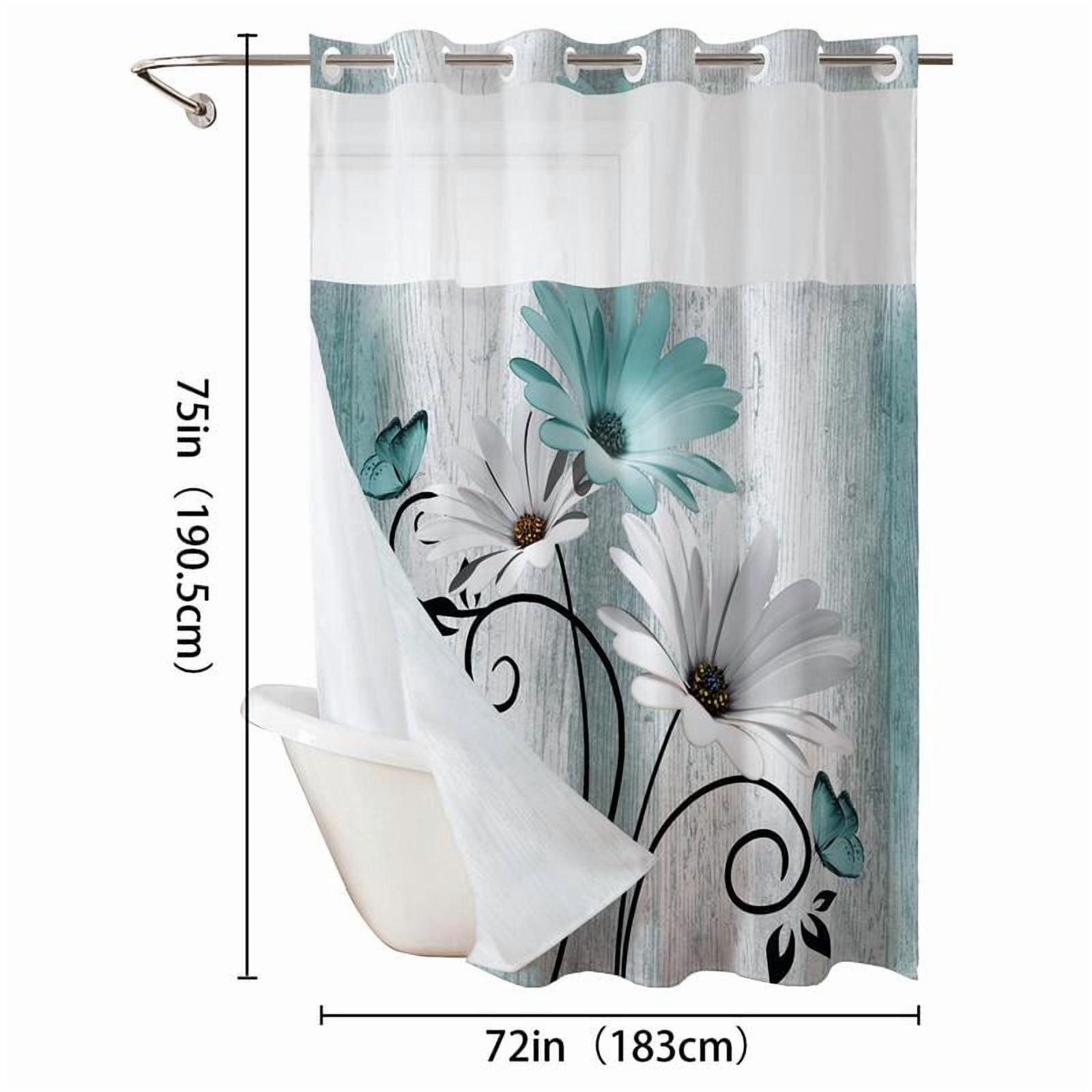 No hooks double-layer shower curtain, Daisy printed waterproof fabric ...