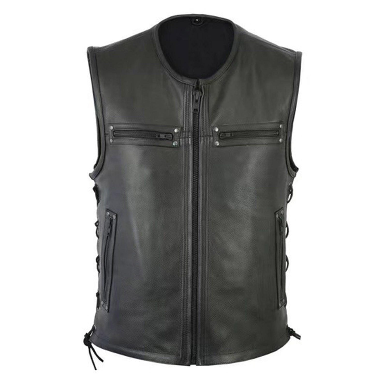 hopeusince Men's Black Genuine Leather Vest Waistcoat Biker Side Lace ...