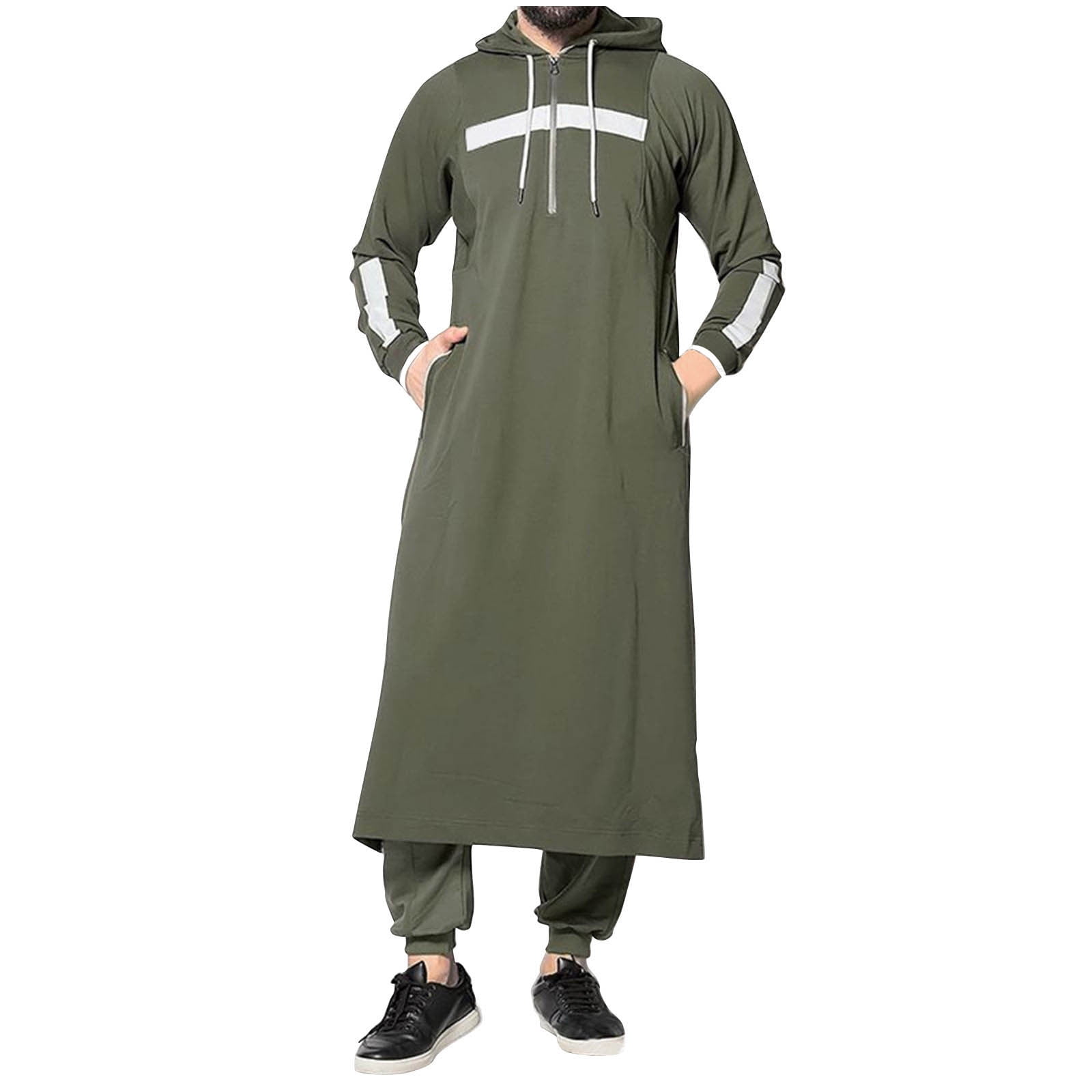 Men's White Muslim Jubba Thobe Long Sleeve Hood Kaftan Long Robe Islam ...