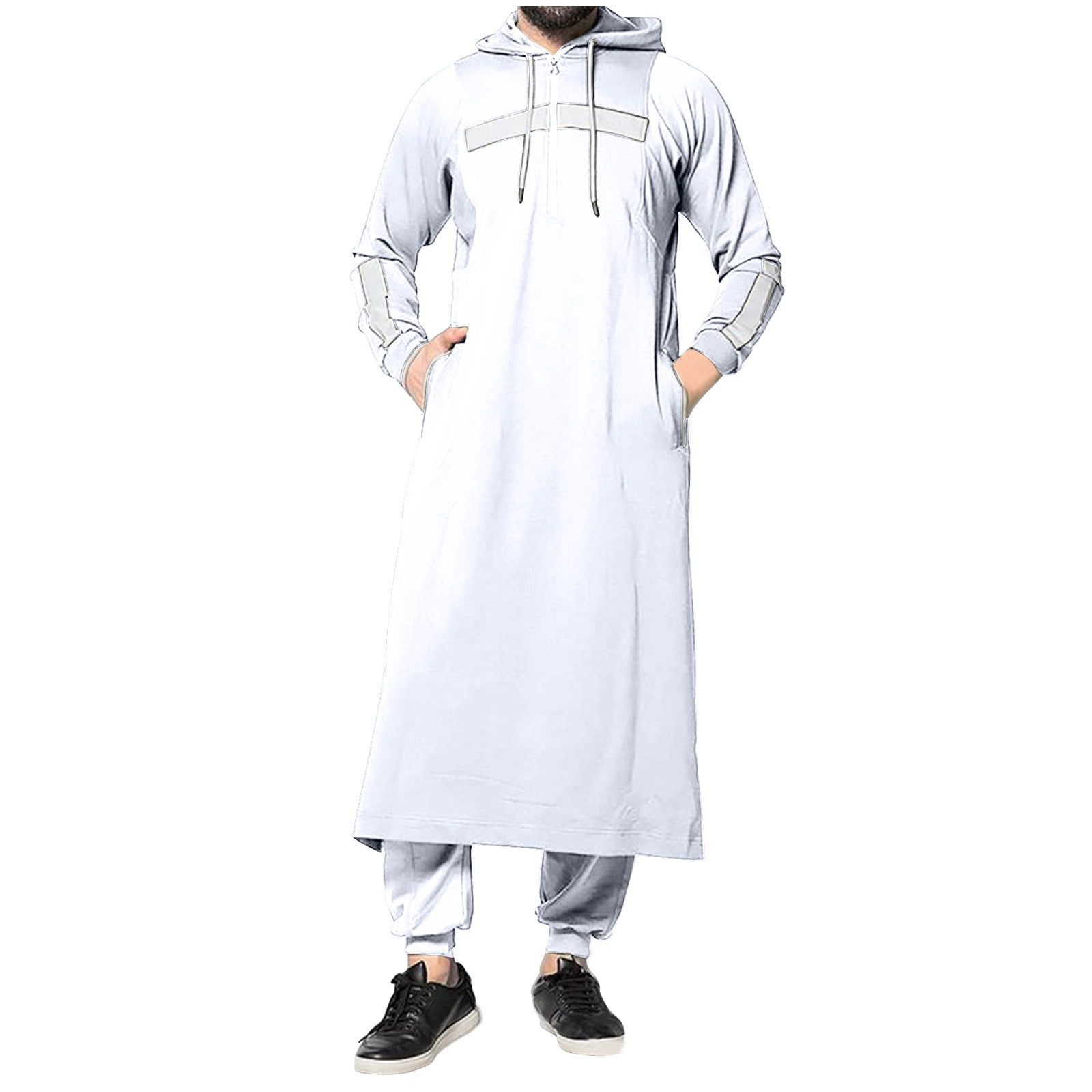 hopeusnice Men's White Muslim Jubba Thobe Long Sleeve Hood Kaftan Long ...